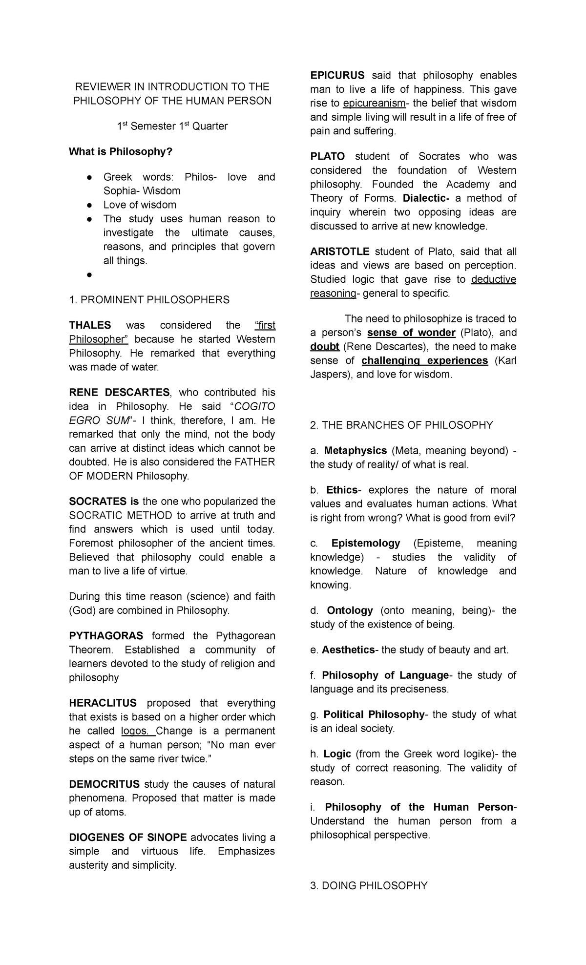 Copy of Philosophy Reviewer - REVIEWER IN INTRODUCTION TO THE PHILOSOPHY OF THE HUMAN PERSON 1 ...