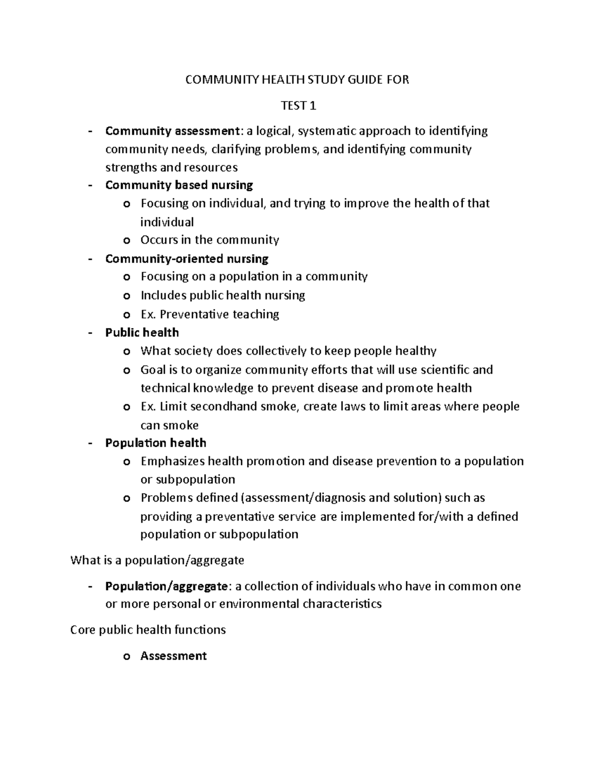 Pop study guide exam 1 copy - COMMUNITY HEALTH STUDY GUIDE FOR TEST 1 ...