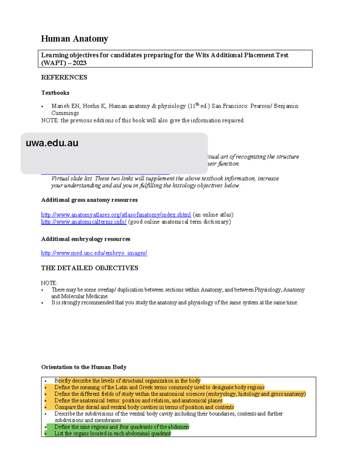 Human Anatomy objectives for WAPT 2023 - Human Anatomy REFERENCES ...