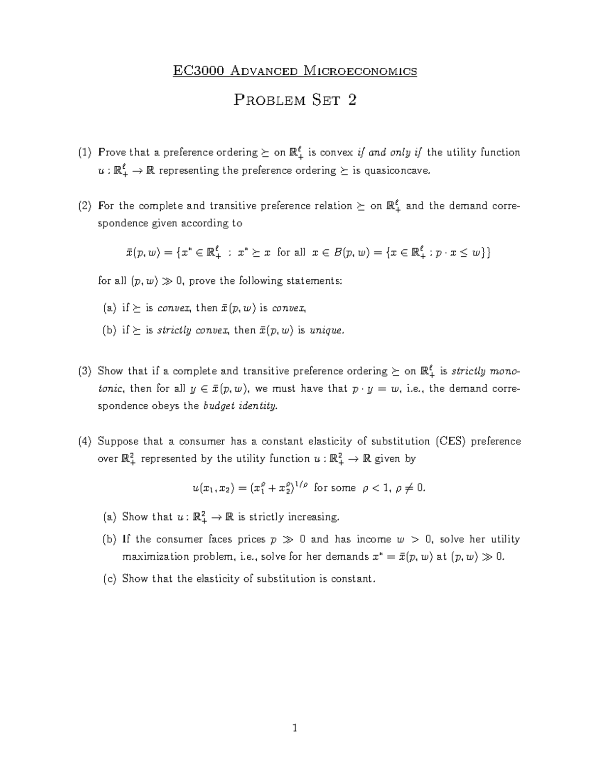 EC3000 Problem Set 02 - EC3000 Advanced Microeconomics Problem Set 2 (1 ...