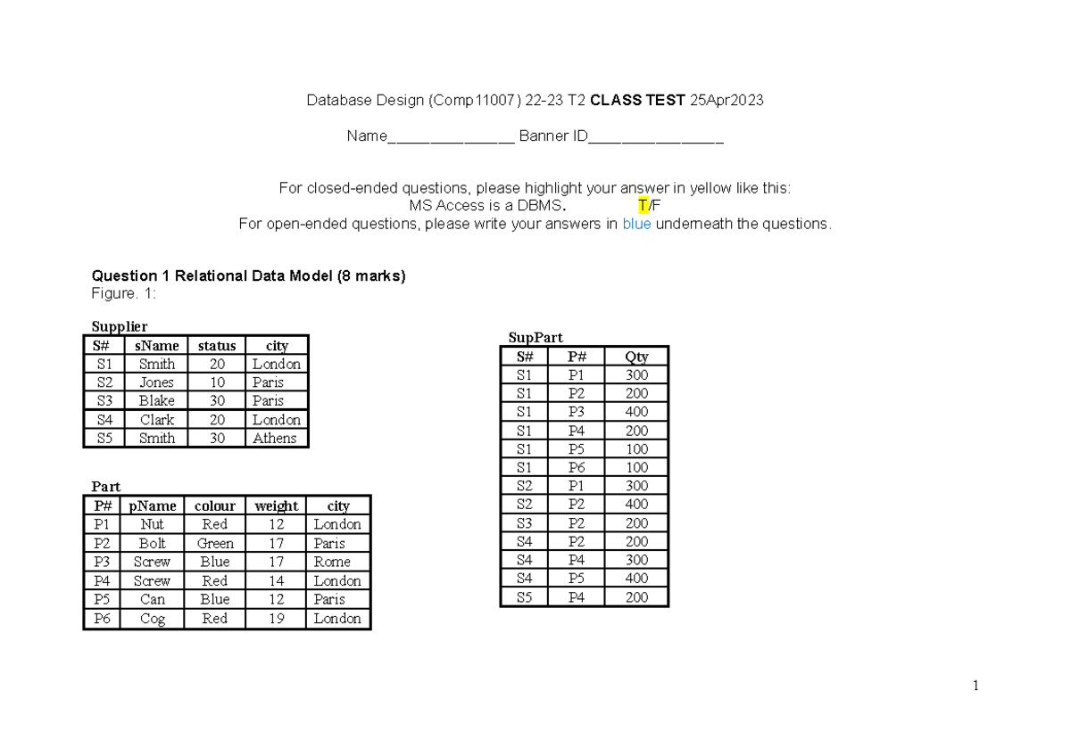 22-23 T2 COMP11007 Class TEST Questions Only 24Apr2023 - Solution ...