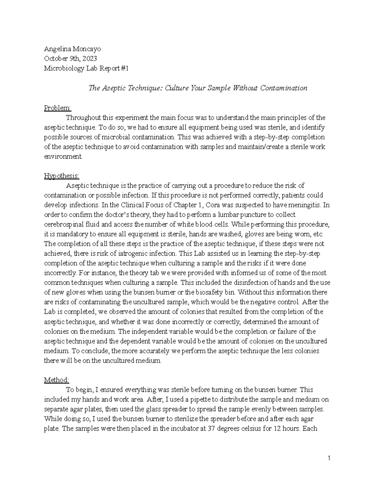 Micro Lab Report #1 - Lab summary - Angelina Moncayo October 9th, 2023 ...