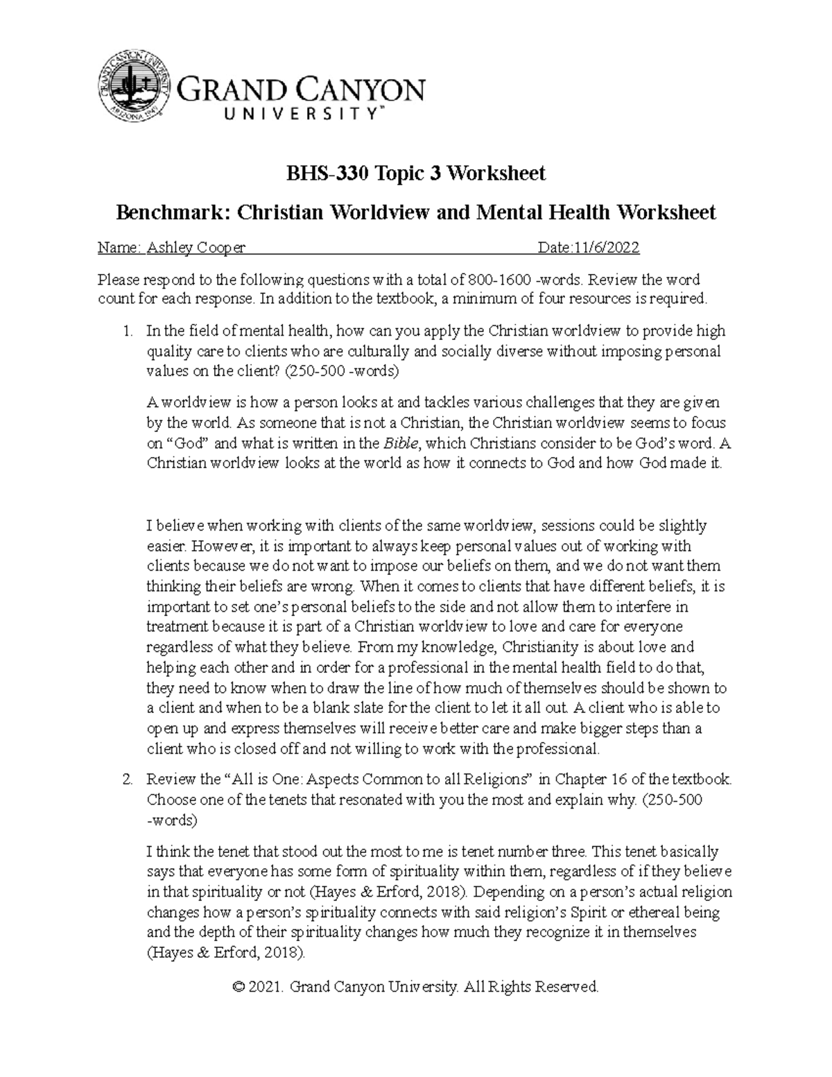 worldview and mental health worksheet - BHS-330 Topic 3 Worksheet ...
