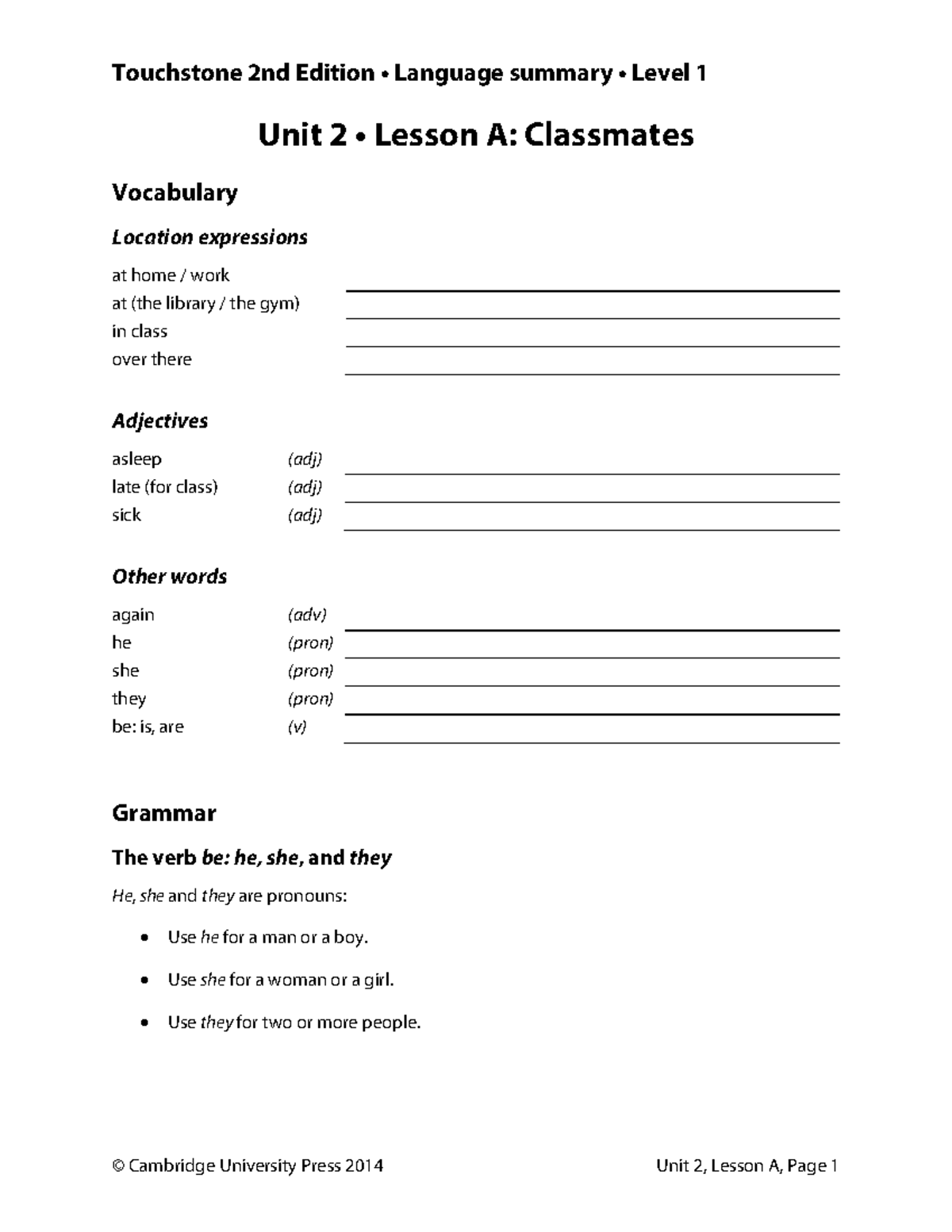 TS2e L1 U2 LA Langsum - Touchstone 2nd Edition • Language summary • Level 1 Unit 2 • Lesson A ...