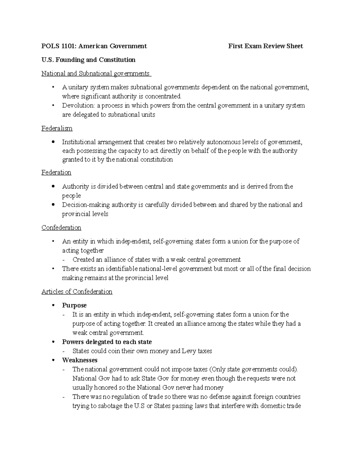 American Gov First Exam Review - POLS 1101: American Government First ...