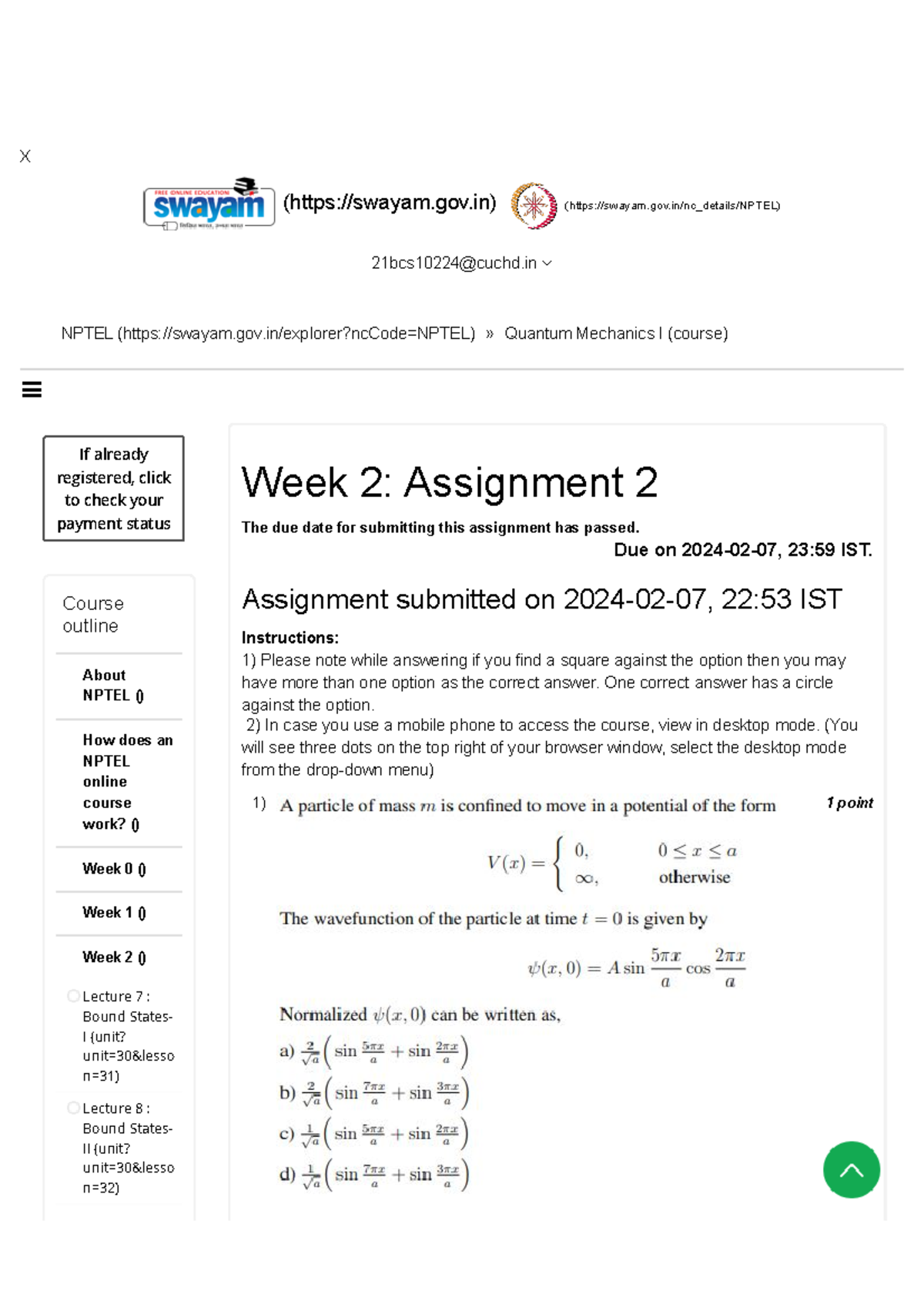 Quantum Mechanics I - Unit 5 - Week 2 - X NPTEL (swayam.gov/explorer ...