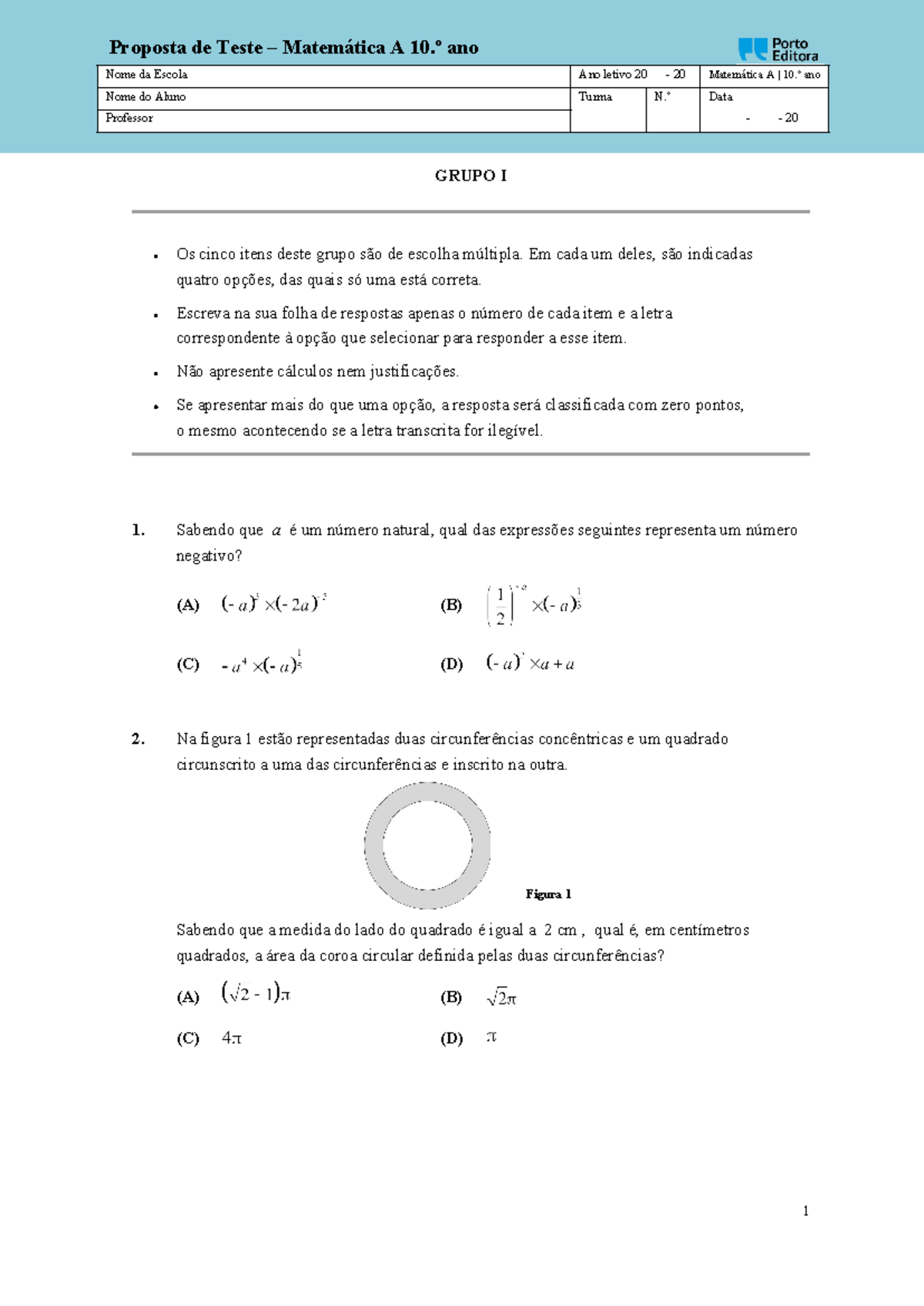 MA10FN Teste - MATEMÁTICA - Nome da Escola Ano letivo 20 - 20 ...