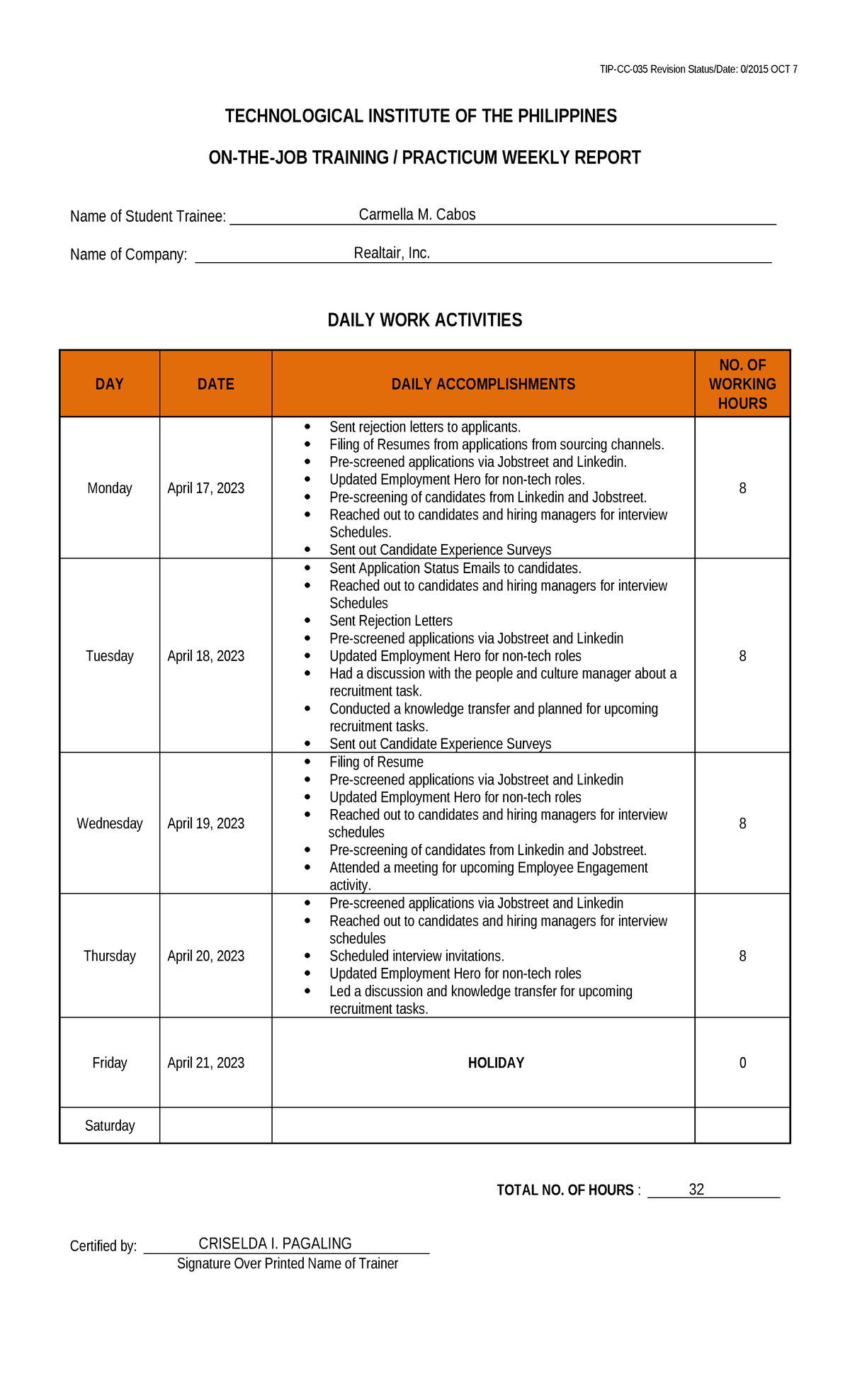 (TIP-CC-035) OJT or Practicum Weekly Report WEEK 11 - TECHNOLOGICAL ...