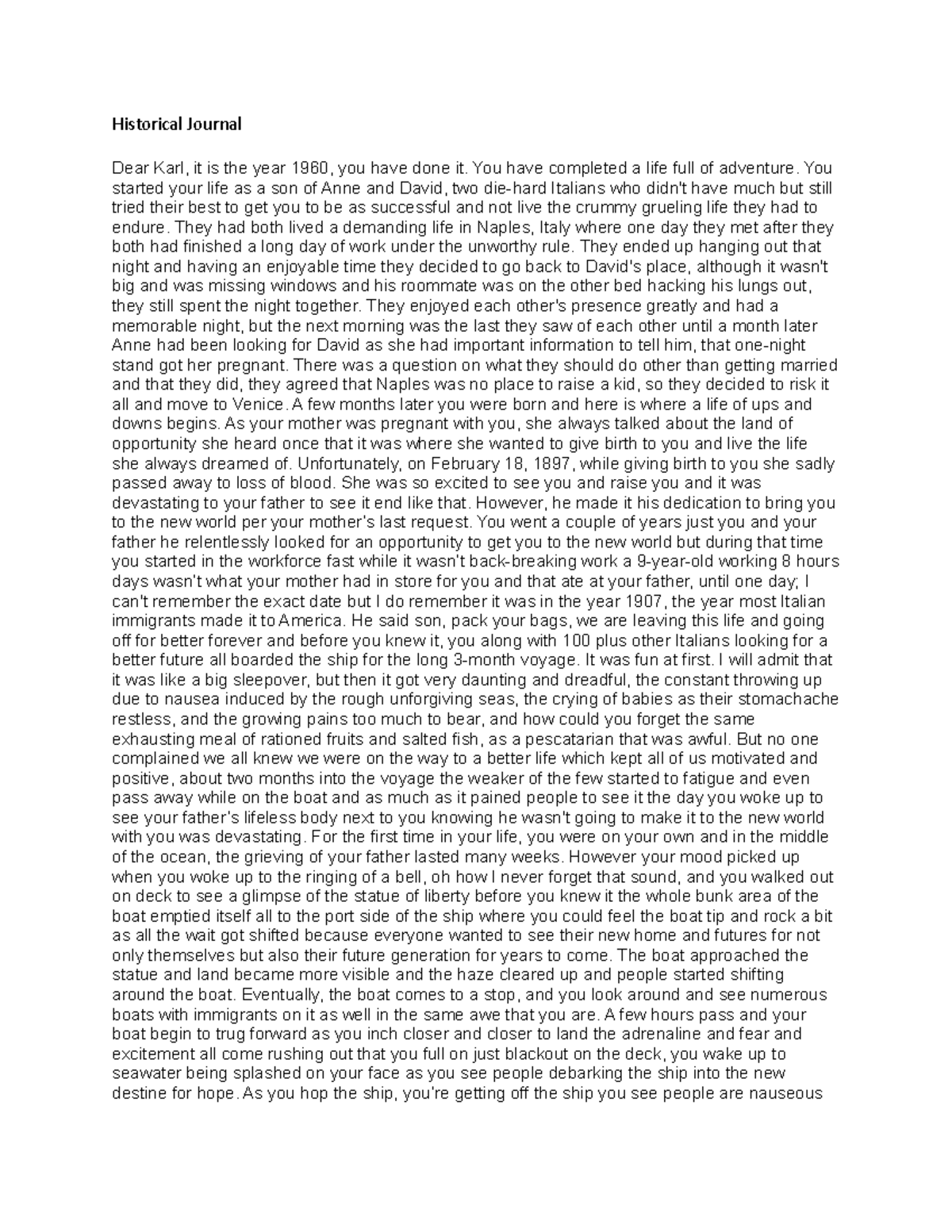 Historical Journal of immigrant coming to America through ellis island ...