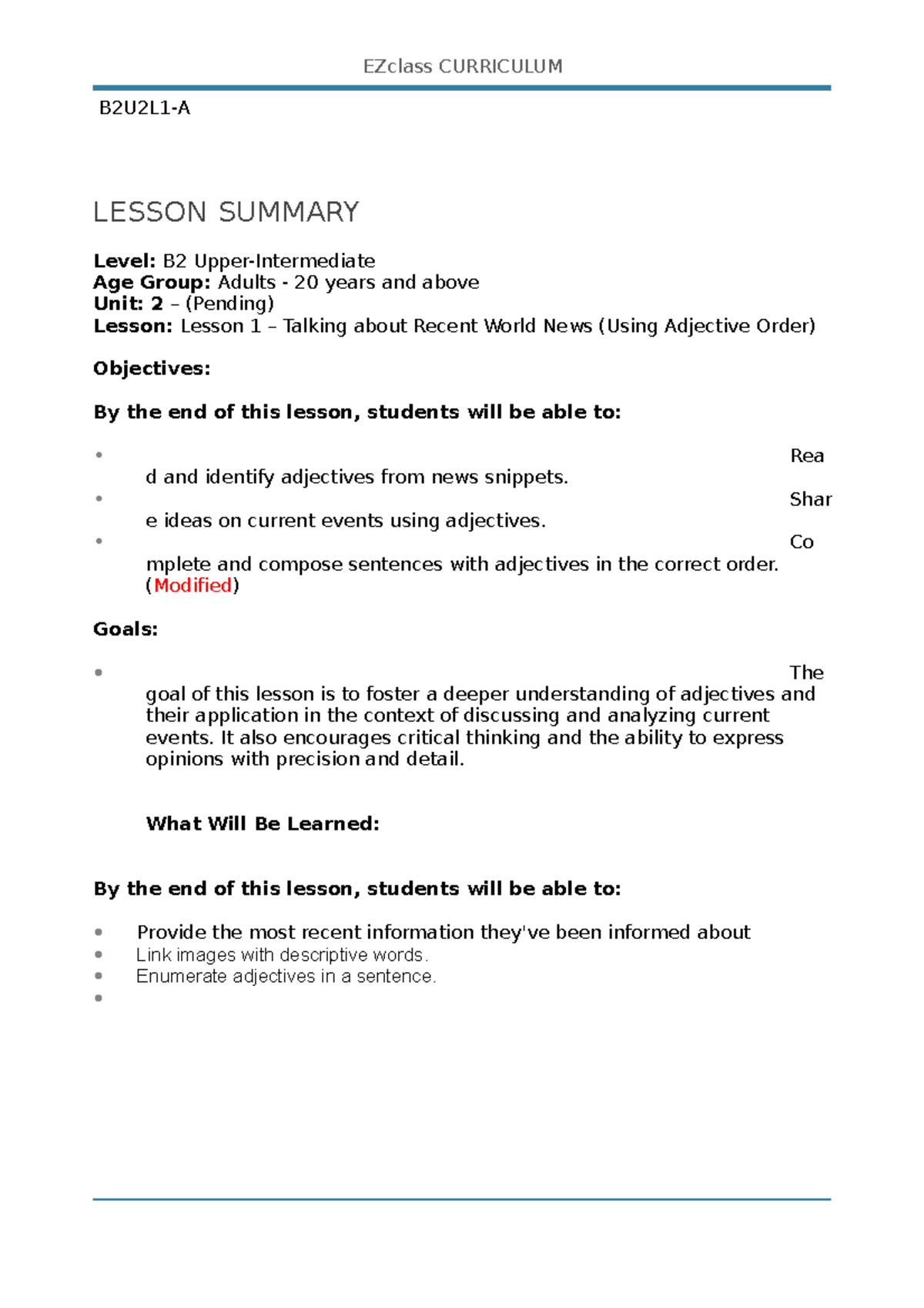 Lesson Summary B 2U2 - Aefrgregrgrrgeqbvb - LESSON SUMMARY Level: B2 ...