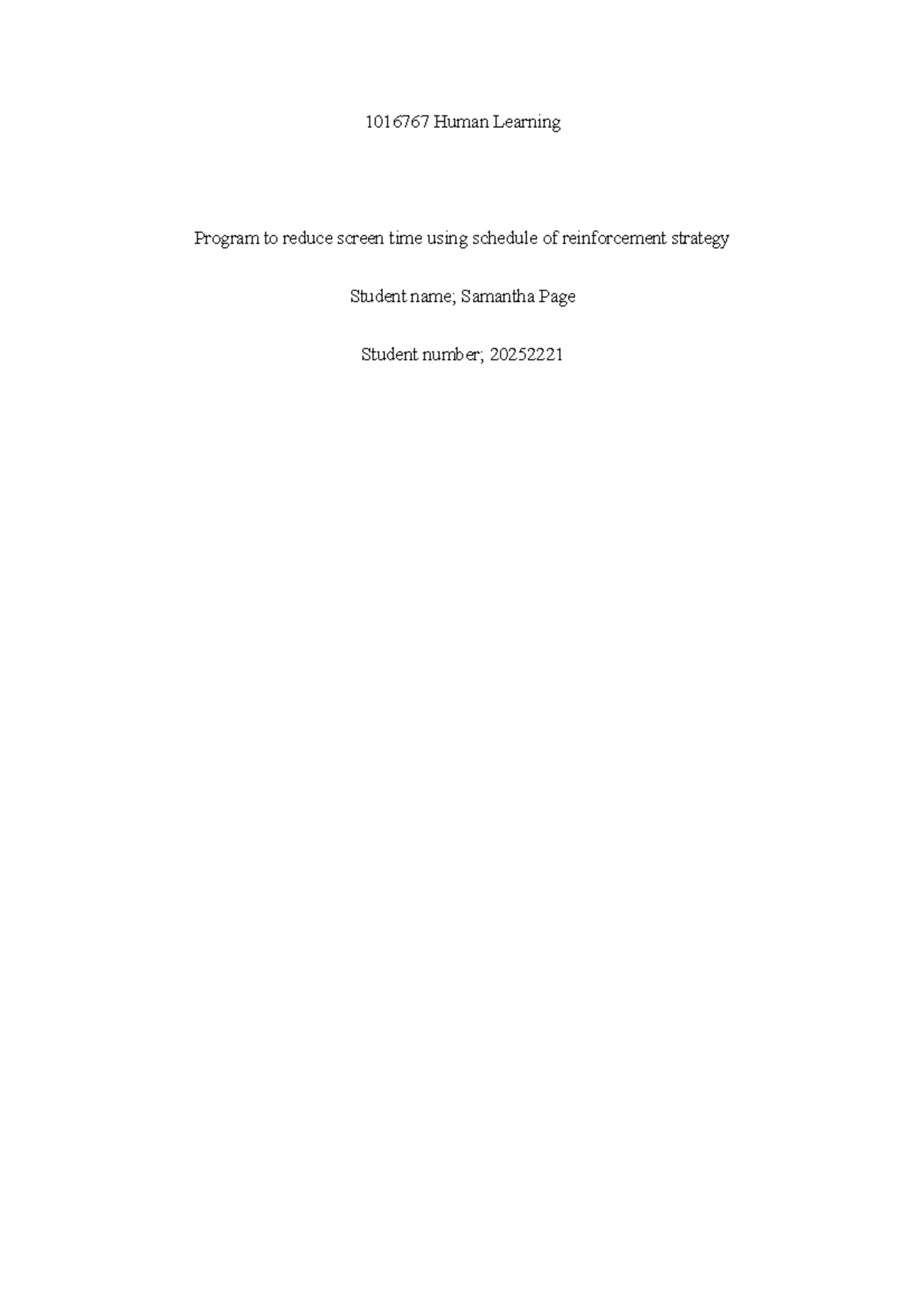 Human learning assignment - 1016767 Human Learning Program to reduce ...