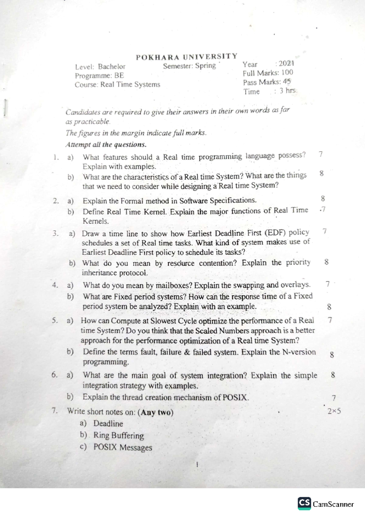 RTSPast Papers - ALL PREVIOUS Real Time System Question Paper - Studocu
