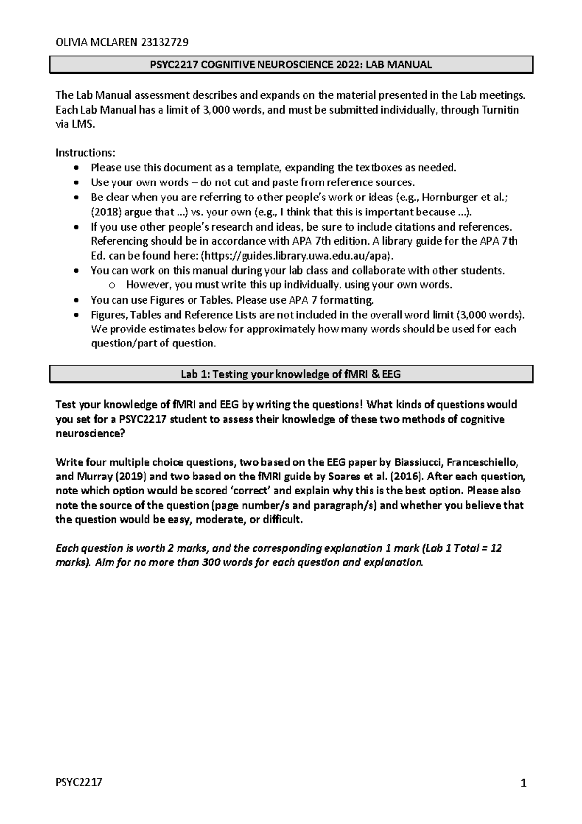 Lab Manual - PSYC2217 - PSYC2217 COGNITIVE NEUROSCIENCE 2022: LAB MANUAL The Lab Manual ...