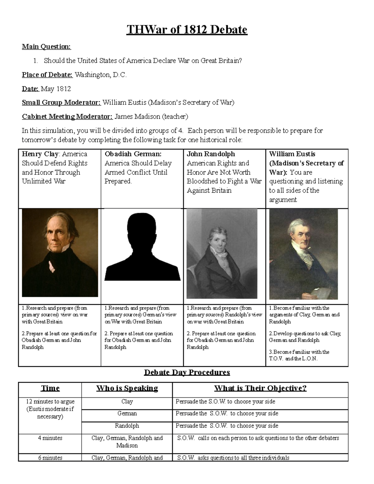Copy of Debate Activity. War of 1812 - THWar of 1812 Debate Main ...