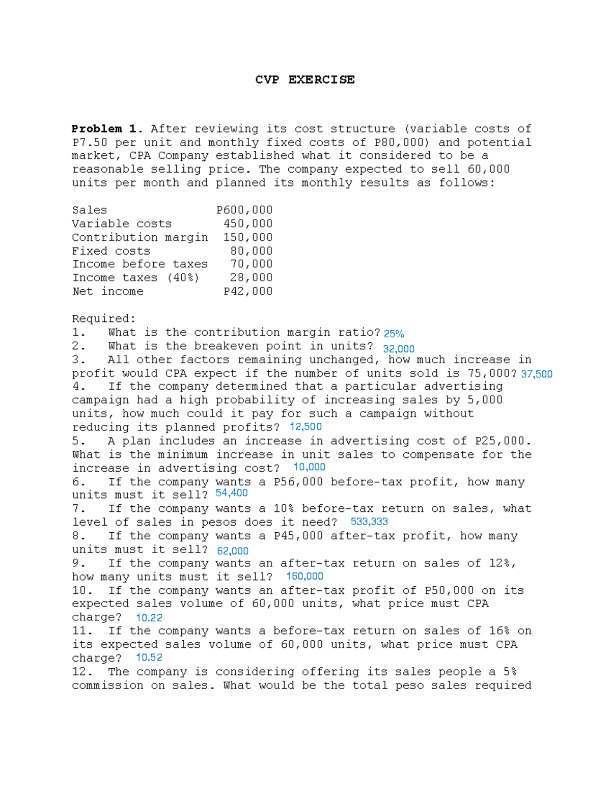 CVP-Remedial - CVP EXERCISE Problem 1. After reviewing its cost ...