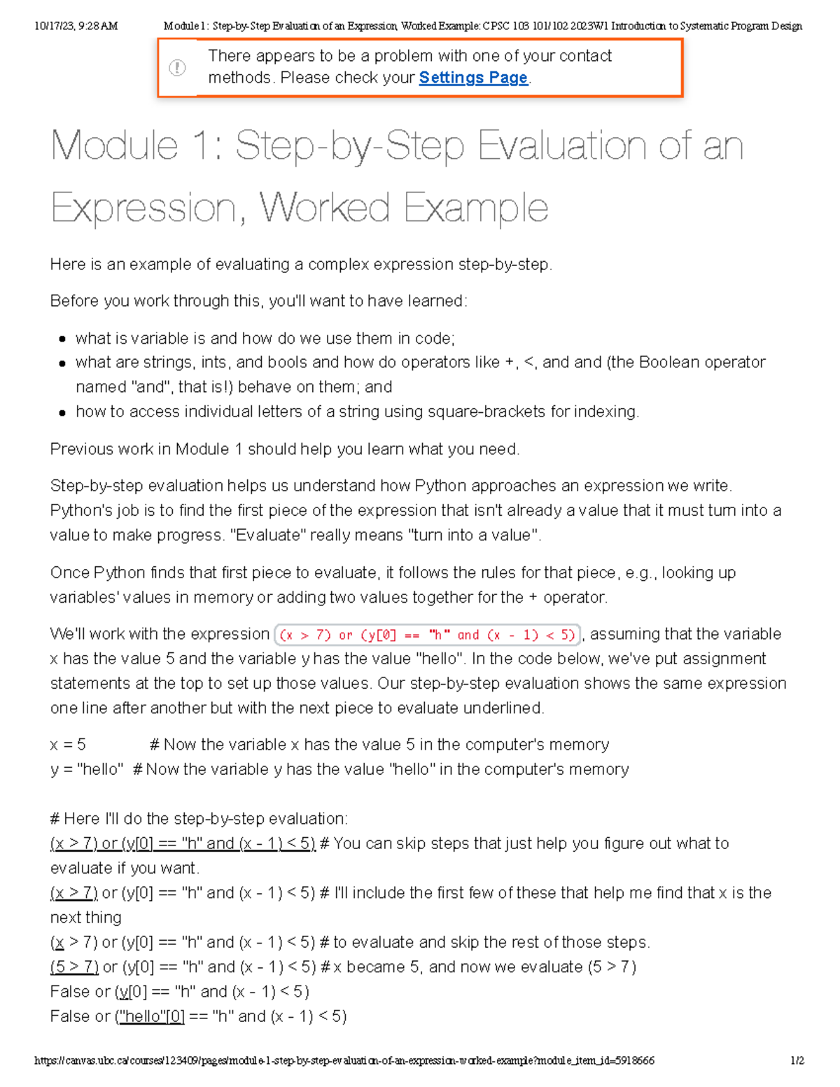 Module 1 Step-by-Step Evaluation of an...roduction to Systematic Program Design - 10 / 17 / 23 ...