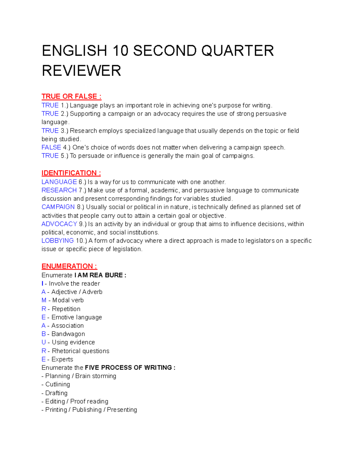 English- Reviewer - tle - ENGLISH 10 SECOND QUARTER REVIEWER TRUE OR ...