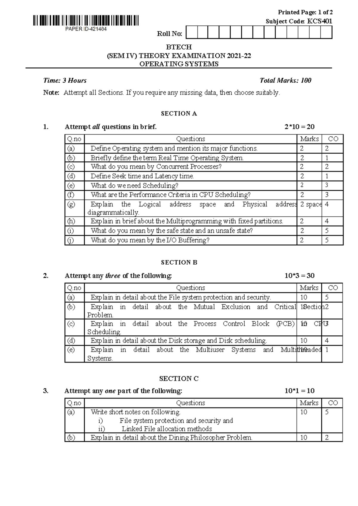 2021-22 - Useful - Printed Page: 1 of 2 Subject Code: KCS 0 Roll No: 0 ...