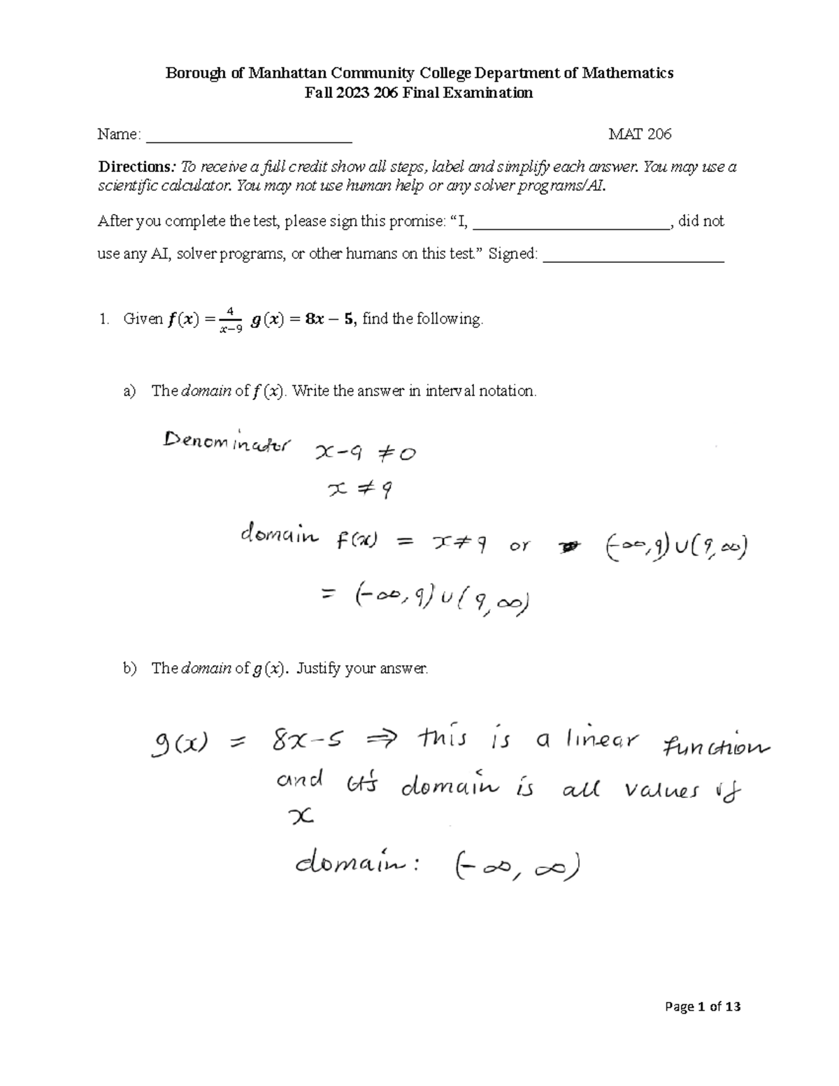 Fall 2023 MAT 206 Final Exam Sol - Borough of Manhattan Community ...