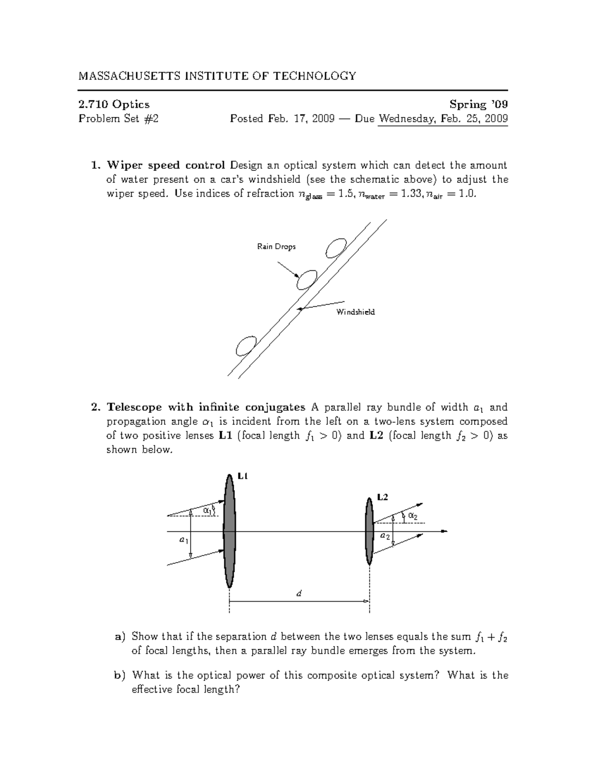 Optics problem set - MASSACHUSETTS INSTITUTE OF TECHNOLOGY 2 Optics ...