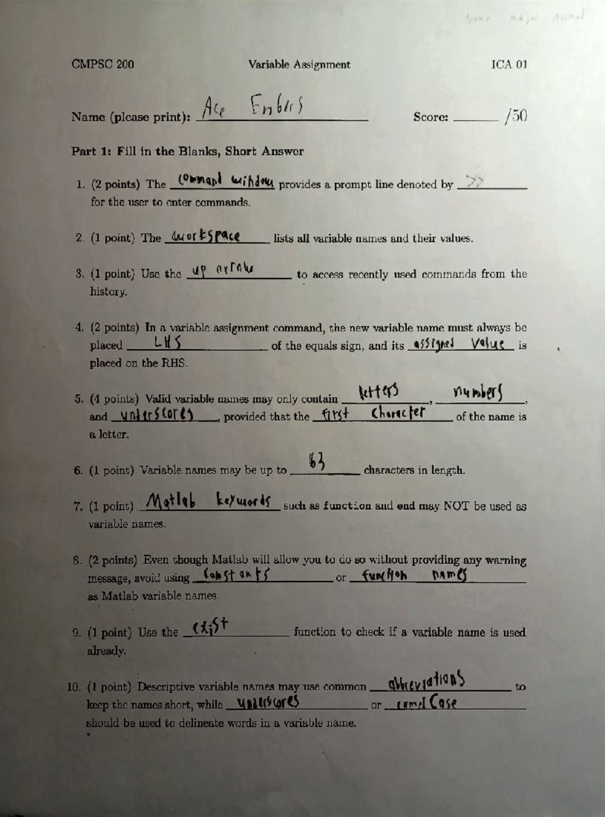 CMPSC 200 Notes Exam 1 - CMPSC 200 Variable Assignment ICA 01 Name ...