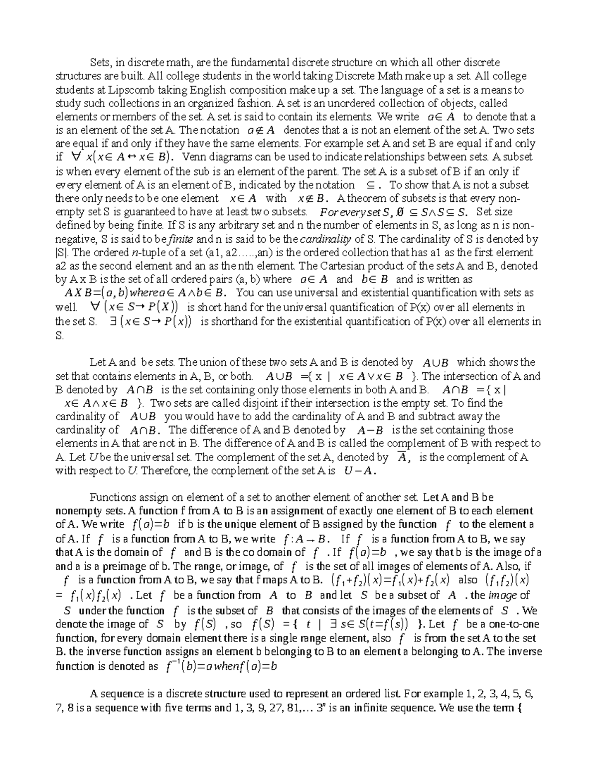 Writing - Lecture notes 2-3 - Sets, in discrete math, are the ...