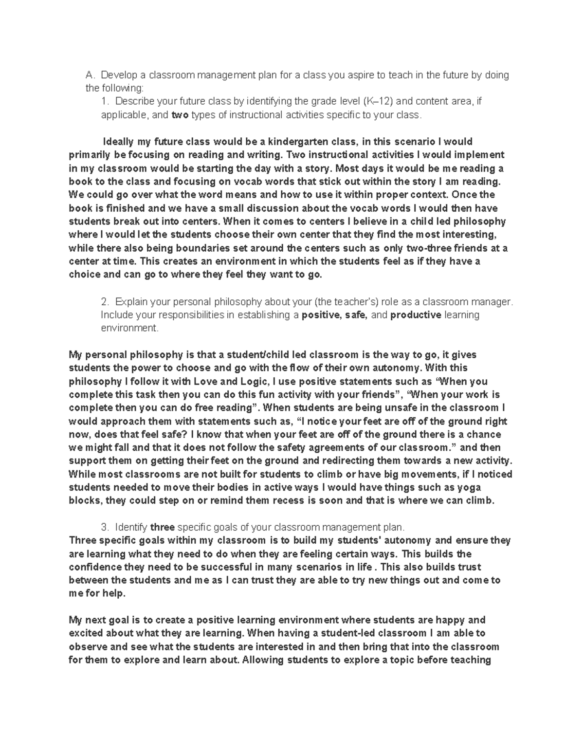 Classroom management plan - A. Develop a classroom management plan for ...