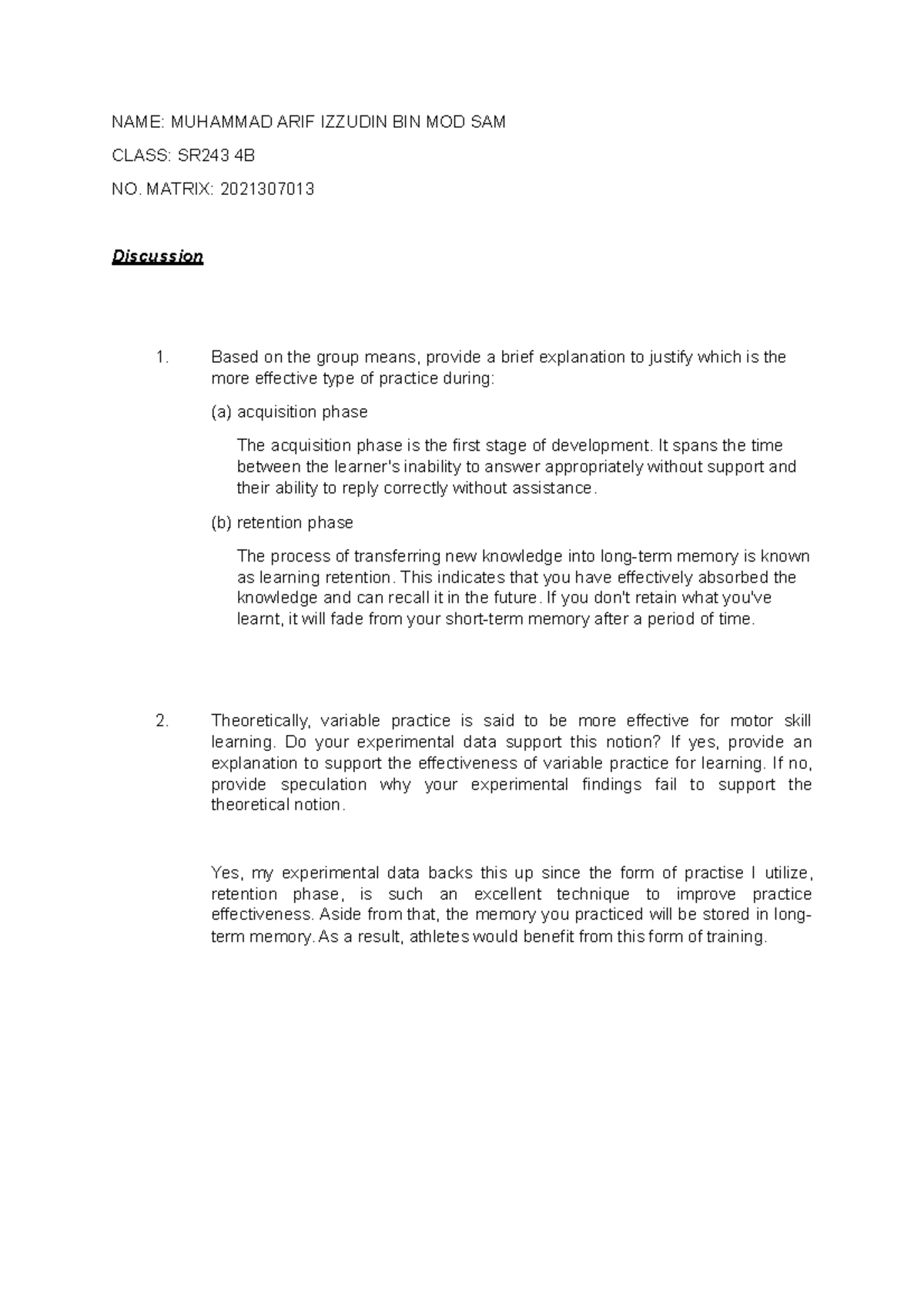 LAB Report Sport Skills - NAME: MUHAMMAD ARIF IZZUDIN BIN MOD SAM CLASS ...