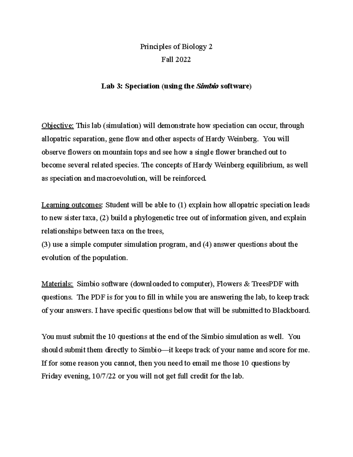 Lab Speciation - lab questions - Principles of Biology 2 Fall 2022 Lab ...