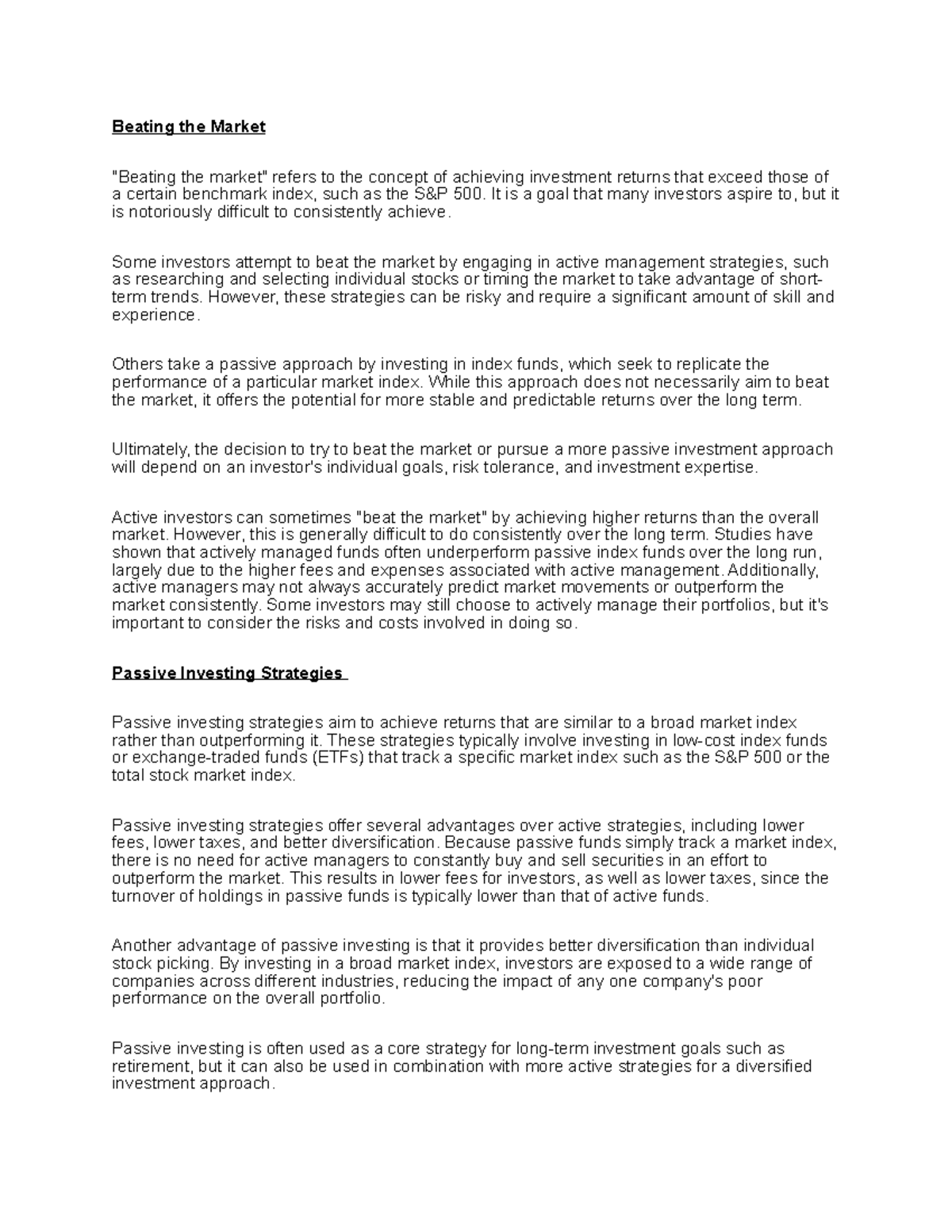 Beating the Market - Beating the Market "Beating the market" refers to ...