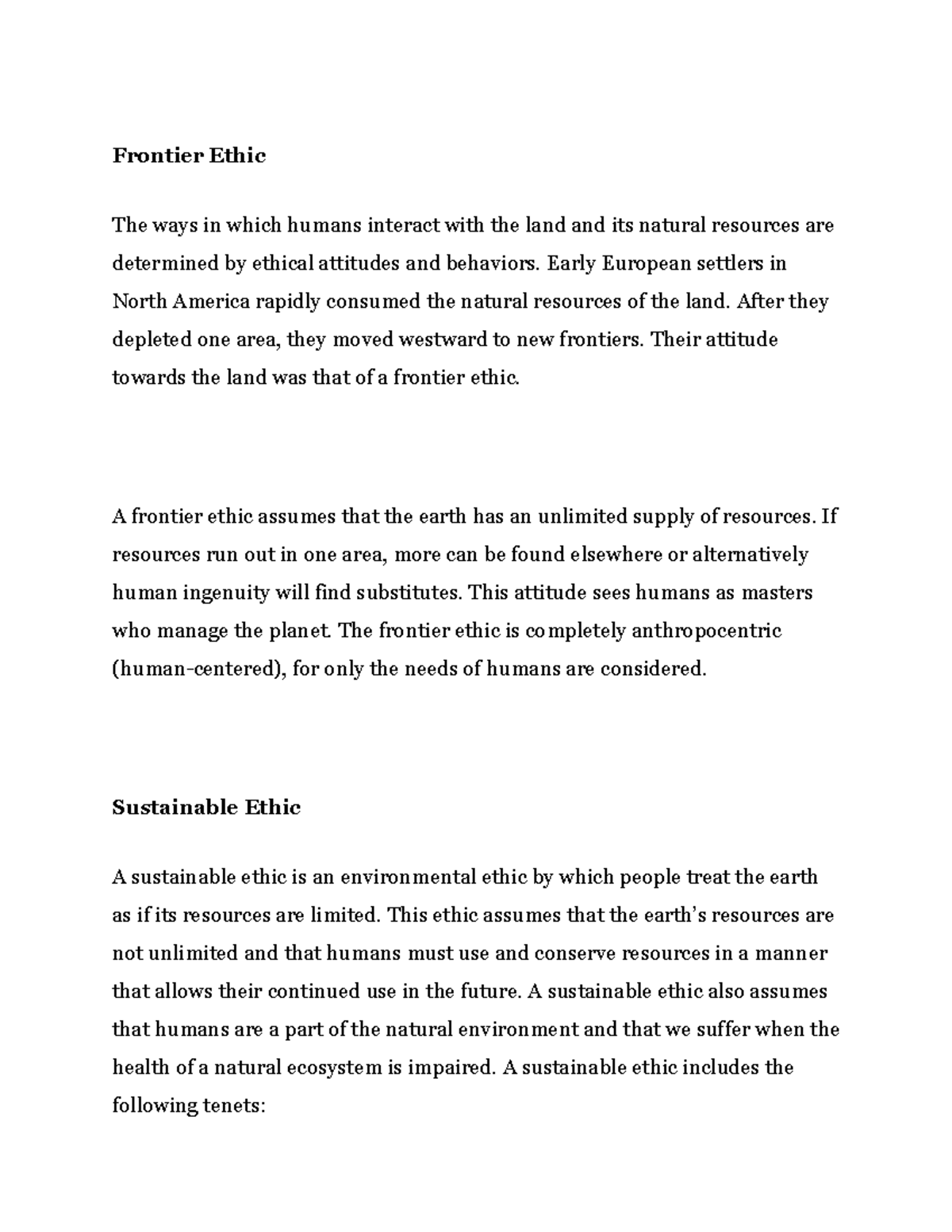 Environmental Ethics - Collected Note - Frontier Ethic The ways in ...