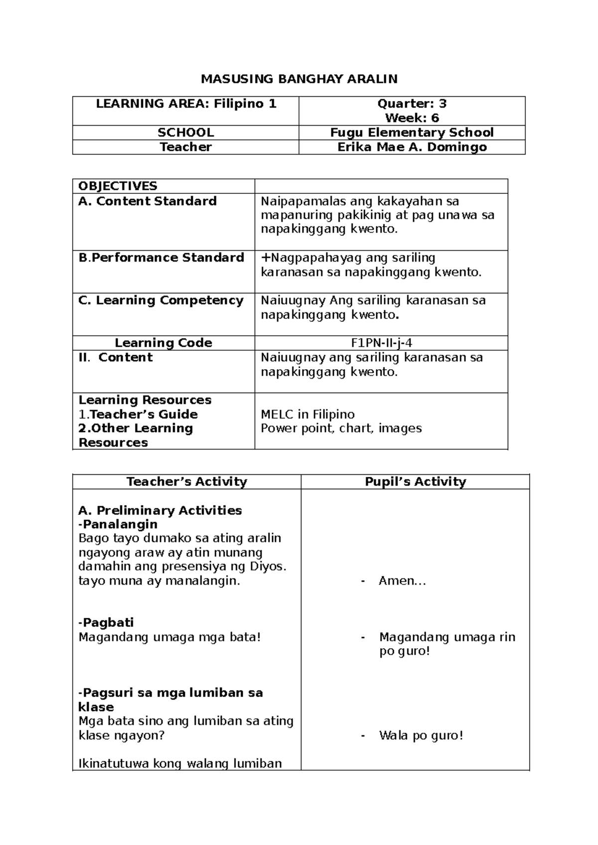 Banghay Aralin SA Filipino 1 - MASUSING BANGHAY ARALIN LEARNING AREA ...