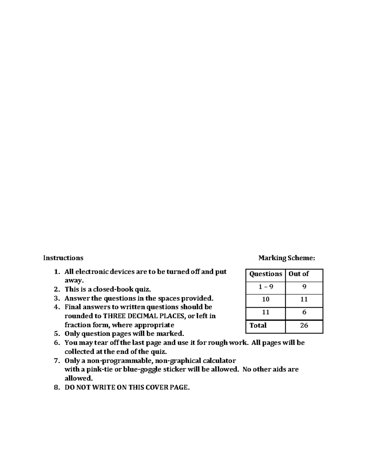 Tutorial Quiz 1 Version A Solutions - Instructions Marking Scheme: All ...