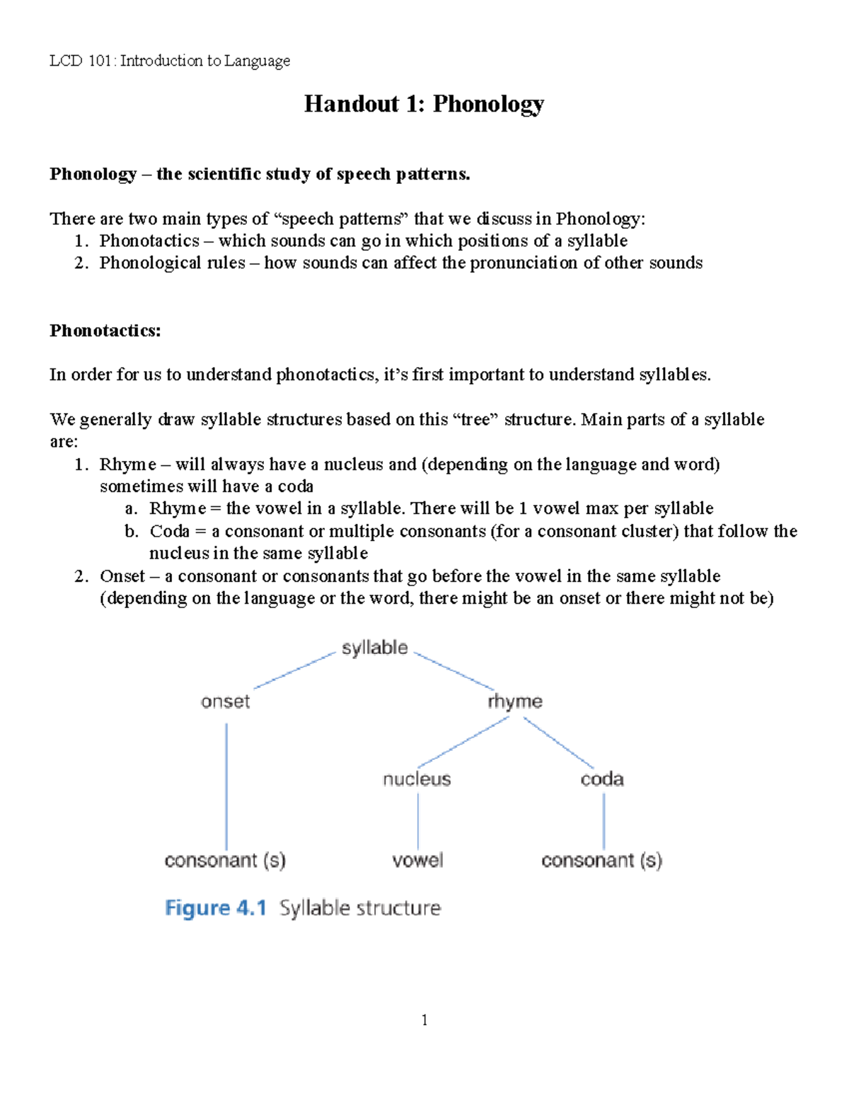 LCD 101 Handout 1 Phonology - Handout 1: Phonology Phonology – the ...