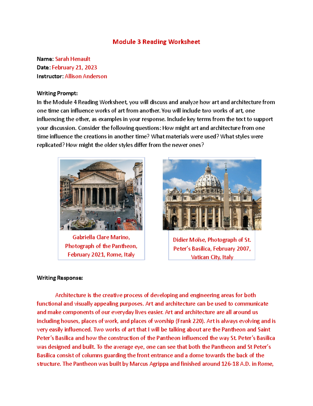 Sarah Henault - Art Appreciation Module 3 Reading Worksheet - Module 3 Reading Worksheet Name ...