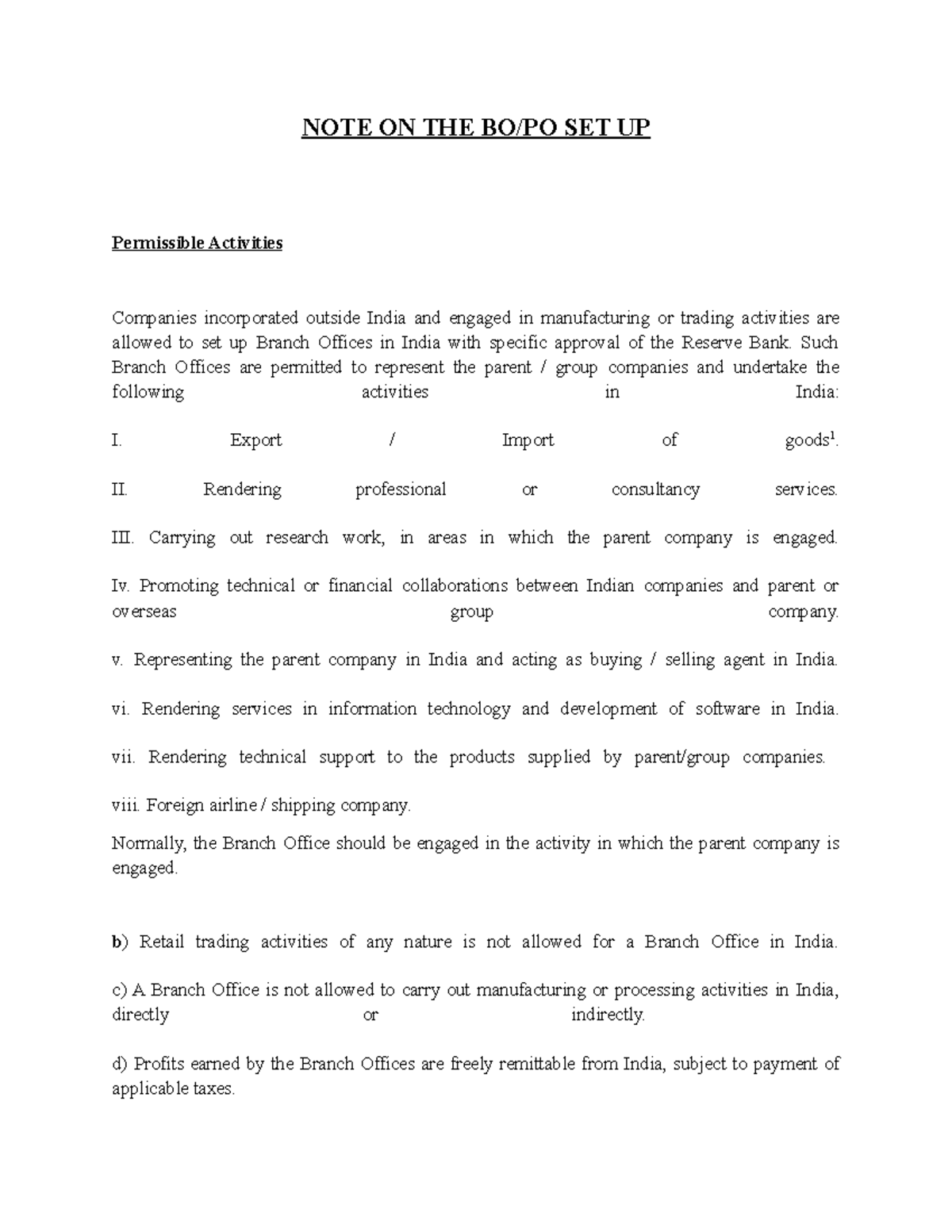 BO PO SET UP NOTE - .... - NOTE ON THE BO/PO SET UP Permissible ...