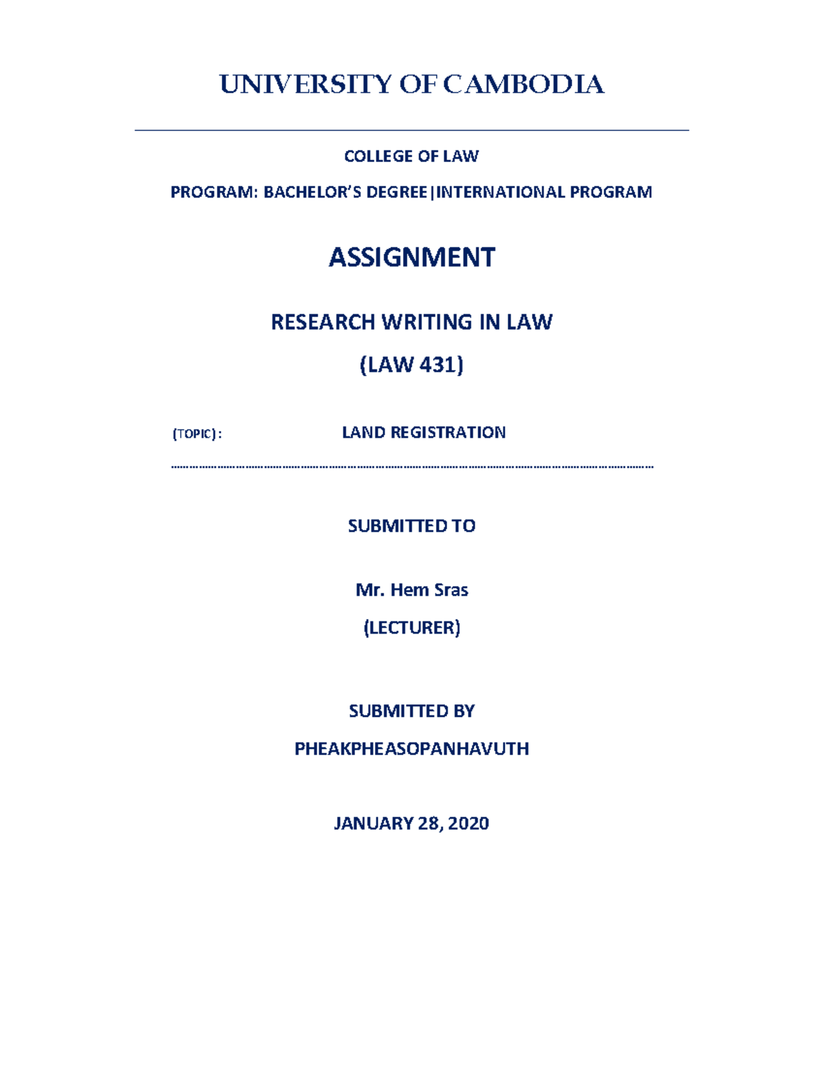 Assignment - Land registration in Cambodia - UNIVERSITY OF CAMBODIA ...