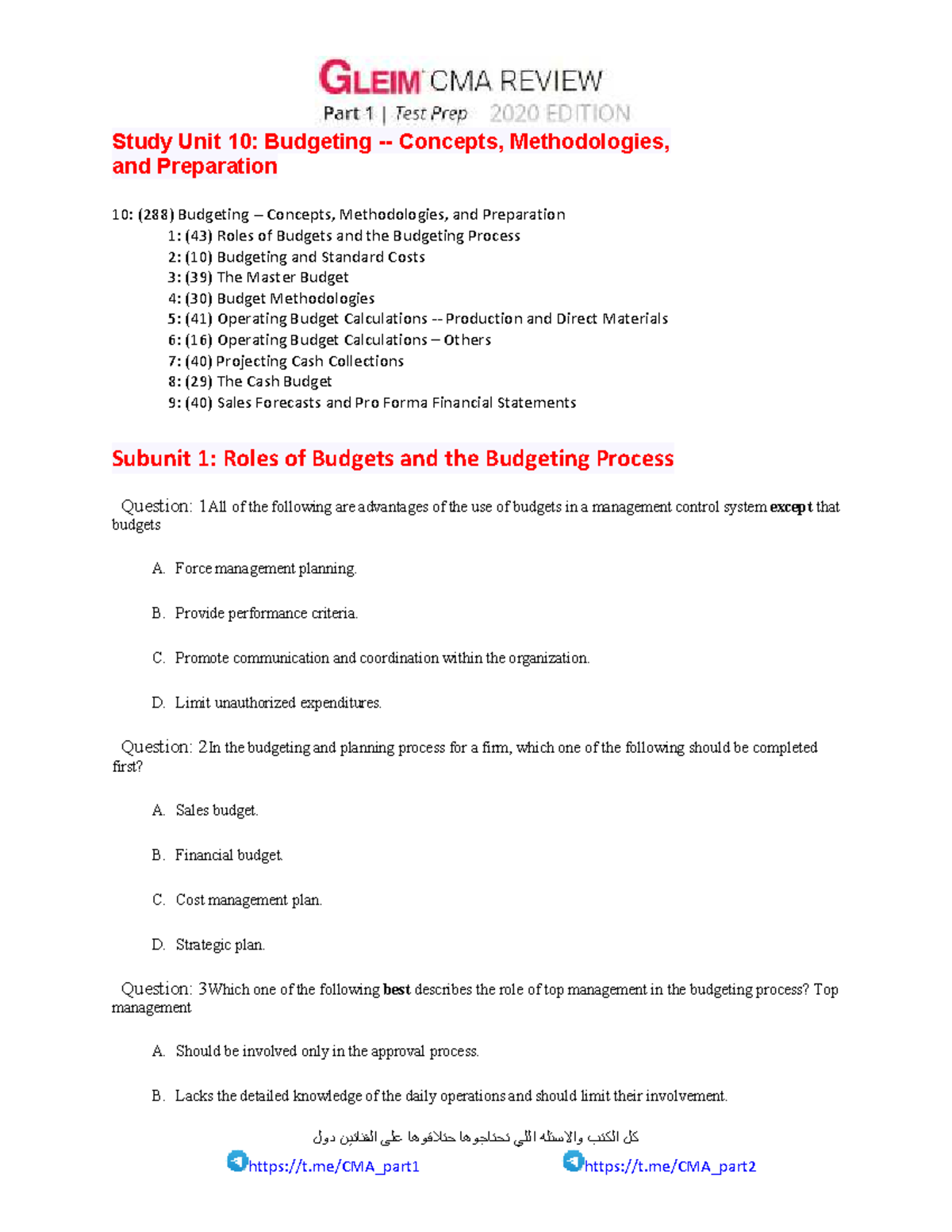 5 test Cma part 1 IMA GLEIM BOOK 2020 question - Specialized Accounting ...
