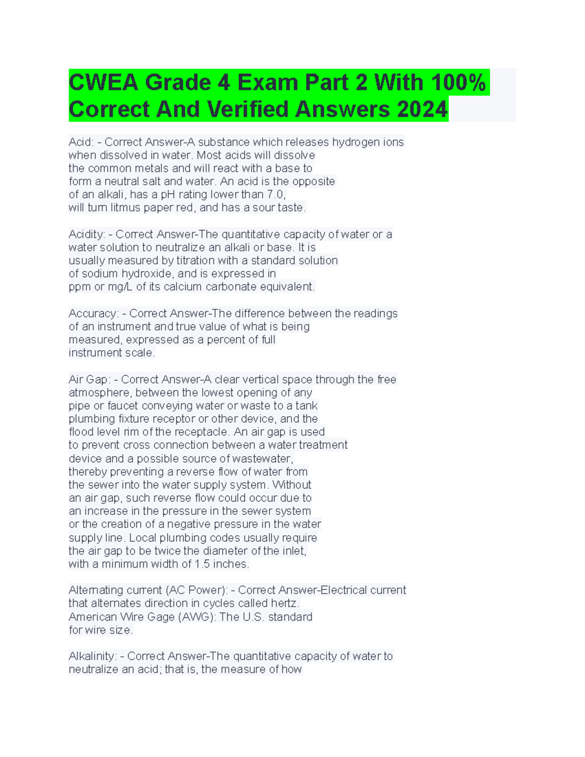 Cwea Grade 4 Test Part 2 - CWEA Grade 4 Exam Part 2 With 100% Correct ...