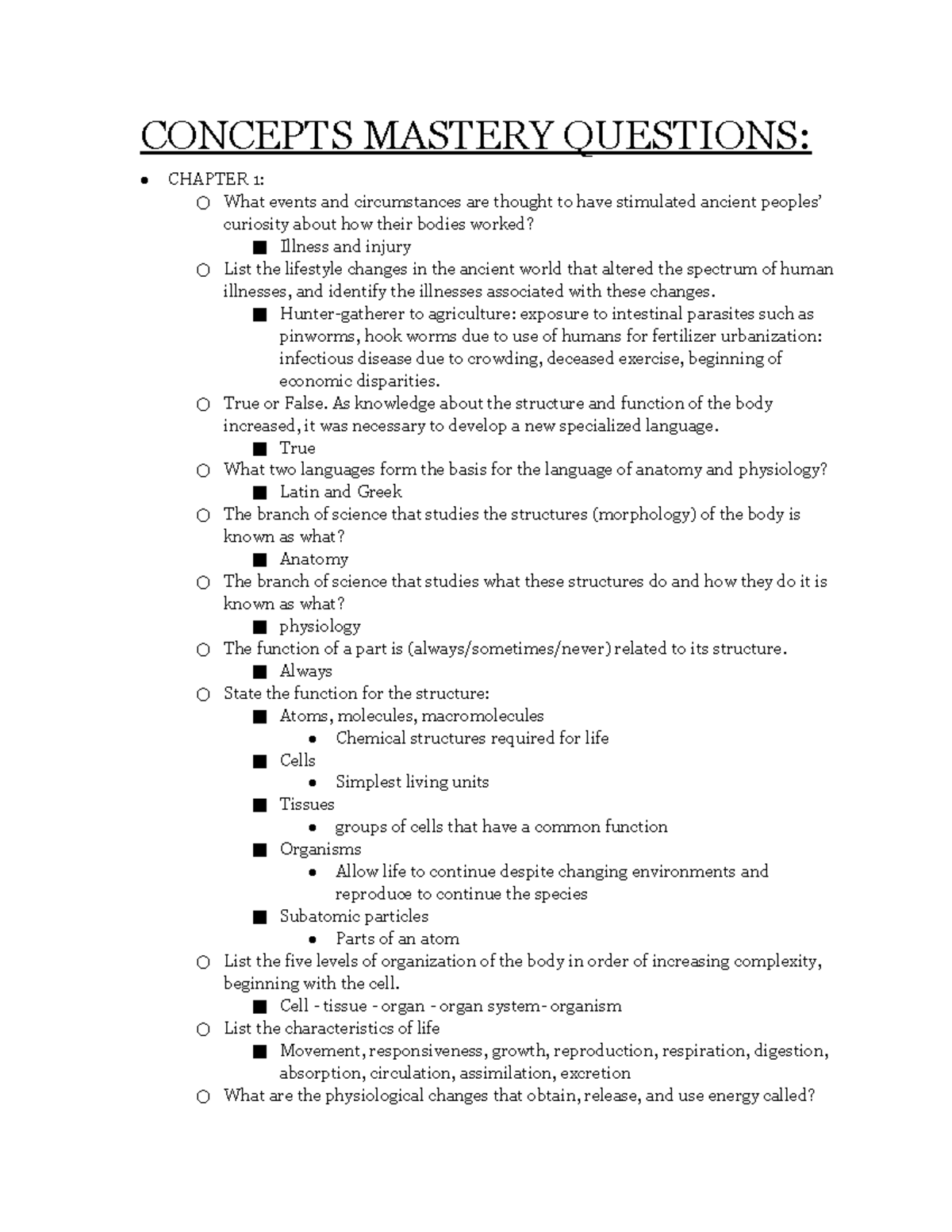 Human A & P I Concpet Mastery Questions, Definitions, Glossary ...