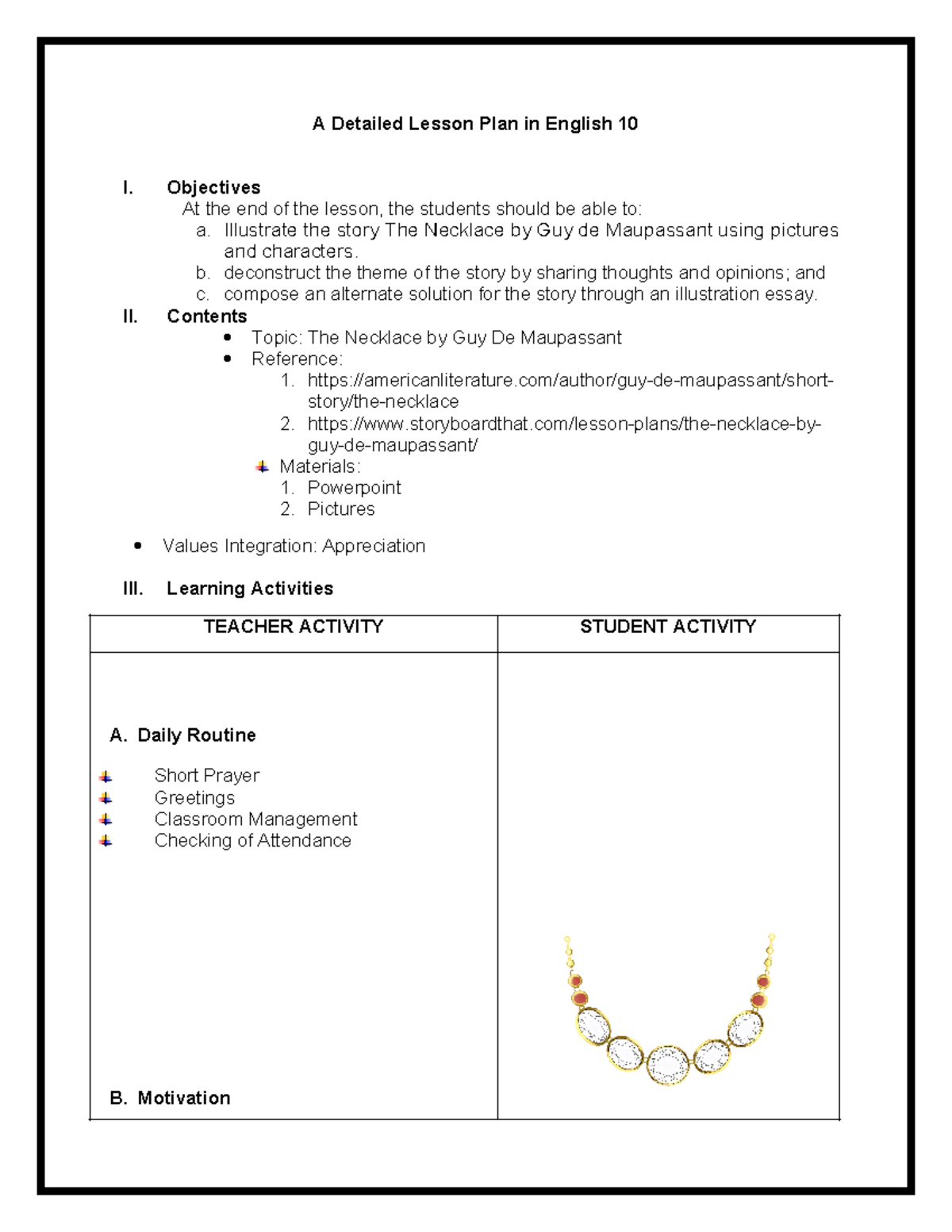 Lesson plan The Necklace - A Detailed Lesson Plan in English 10 I ...