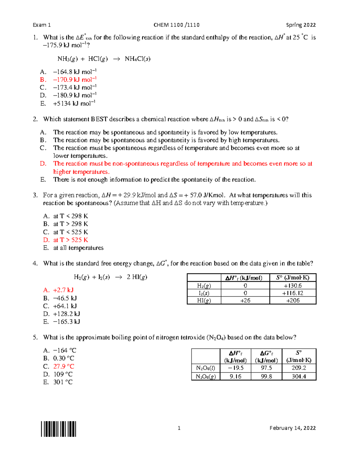 Chem 2 Exam 1 S2022 Form A - 1 February 14, 2022 What is the E°rxn for ...