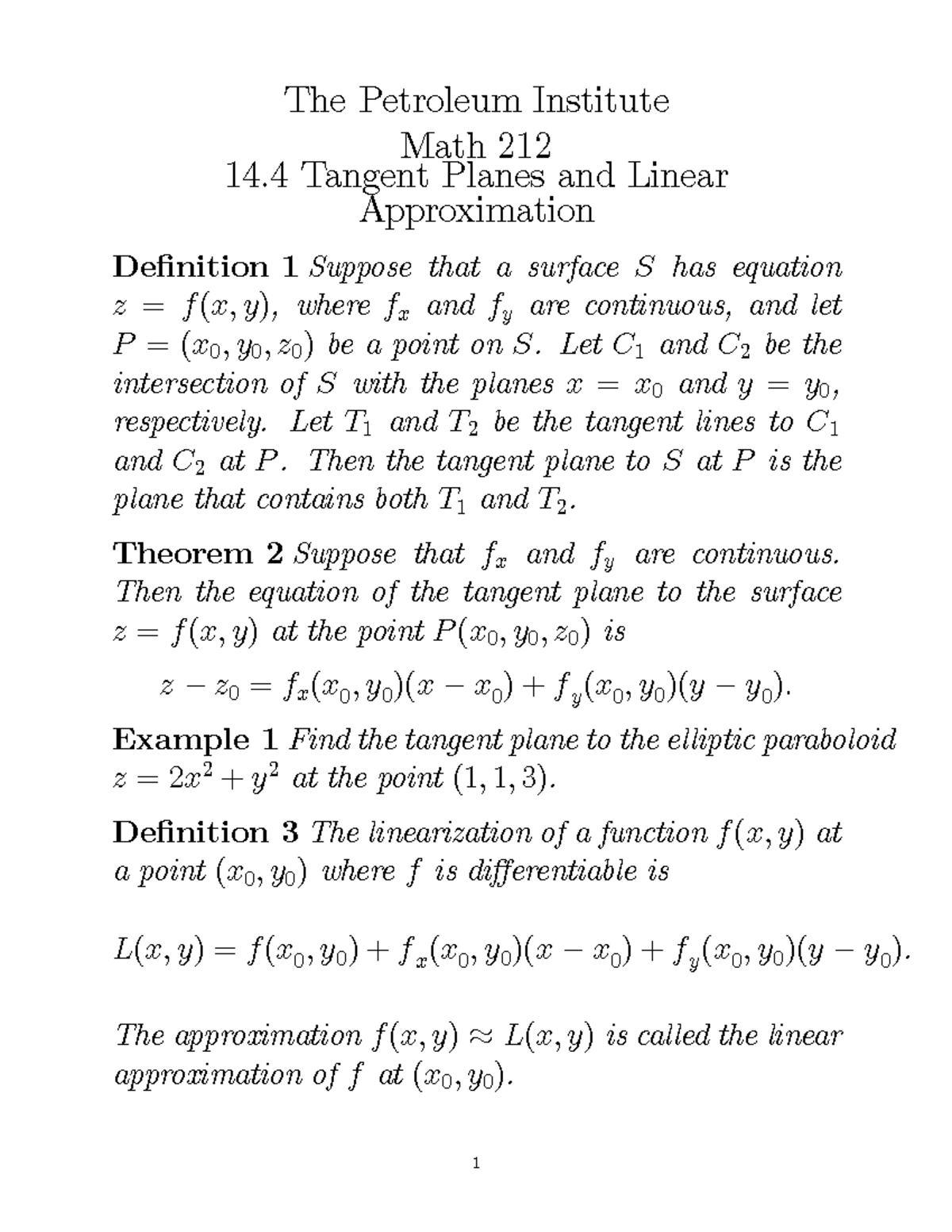 Section 4 - The Petroleum Institute Math 212 14 Tangent Planes and ...