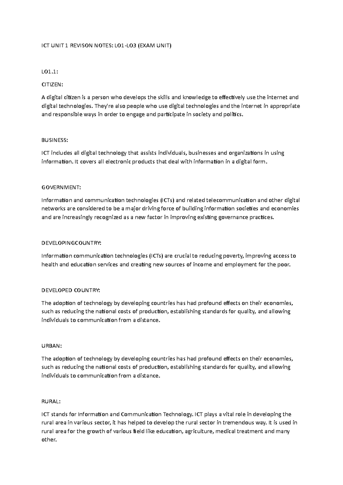ICT UNIT 1 Revison Notes - ICT UNIT 1 REVISON NOTES: LO1-LO3 (EXAM UNIT ...