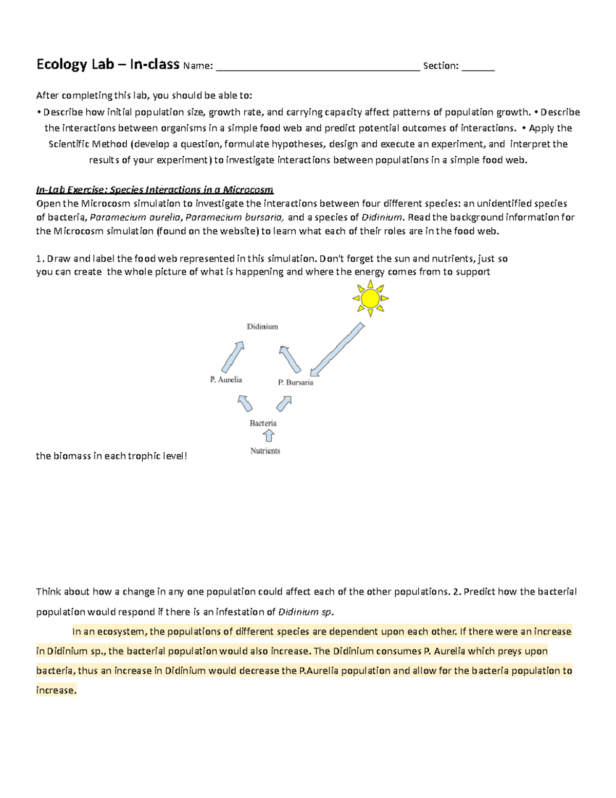 LS7B Lab 9 Ecology Worksheet - Ecology Lab – In-class Name