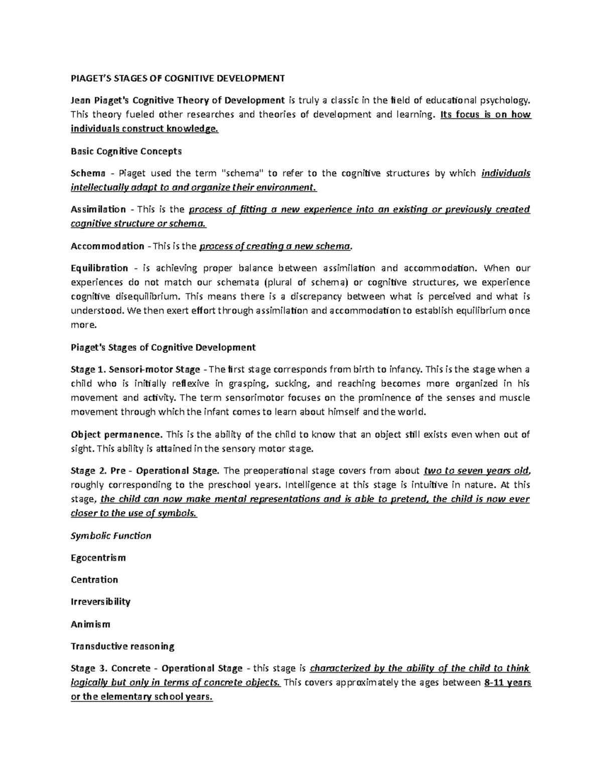 EDUC 101 EXAM 2 HAND OUT - PIAGET’S STAGES OF COGNITIVE DEVELOPMENT ...