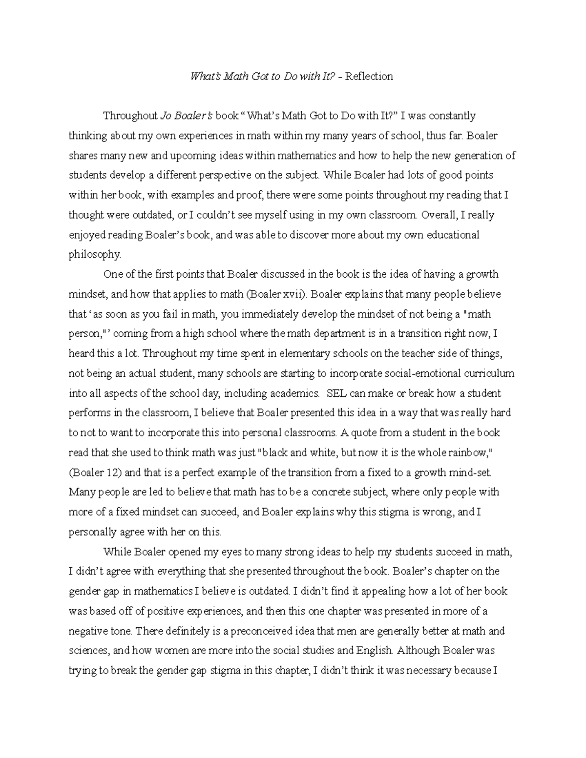 Reflection Essay What s Math Got To Do With It Reflection