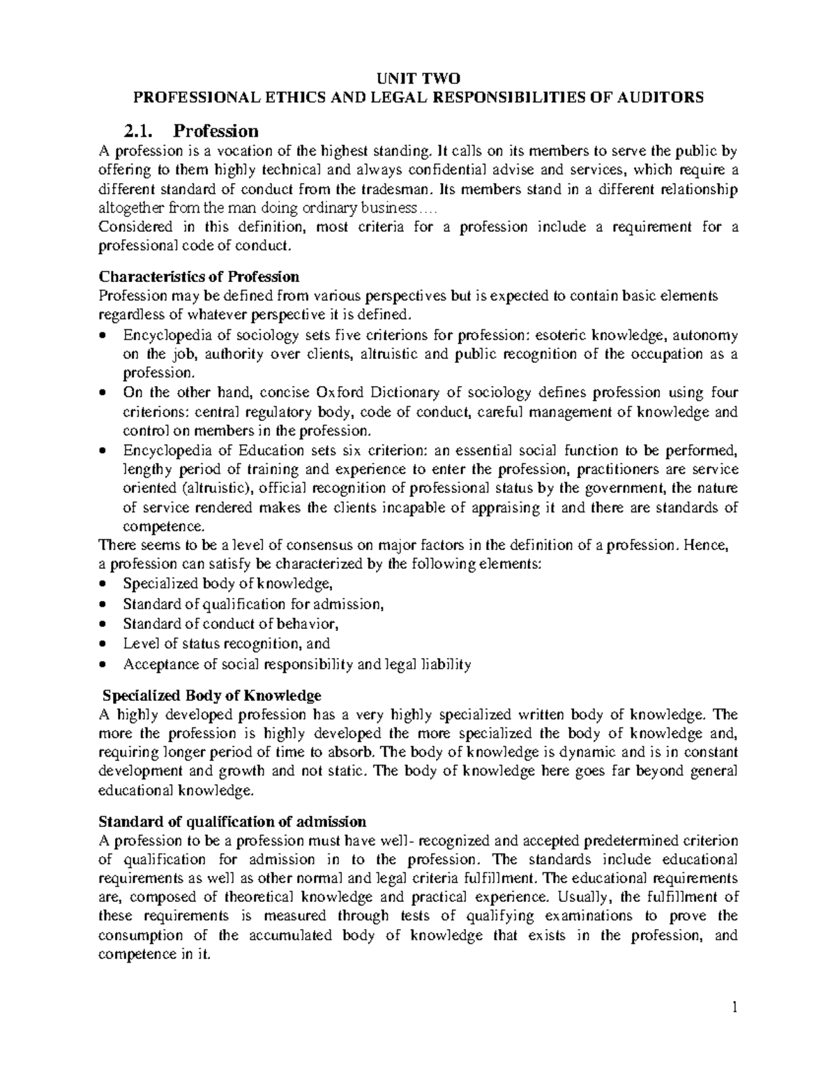 Audit I Ch - Accounting - UNIT TWO PROFESSIONAL ETHICS AND LEGAL ...