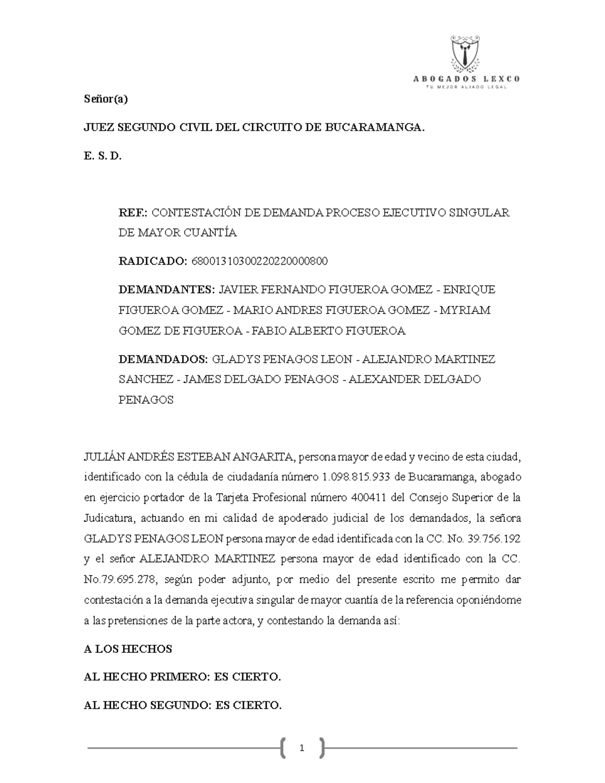 Contestación Gladys Alejandro - Señor(a) JUEZ SEGUNDO CIVIL DEL ...