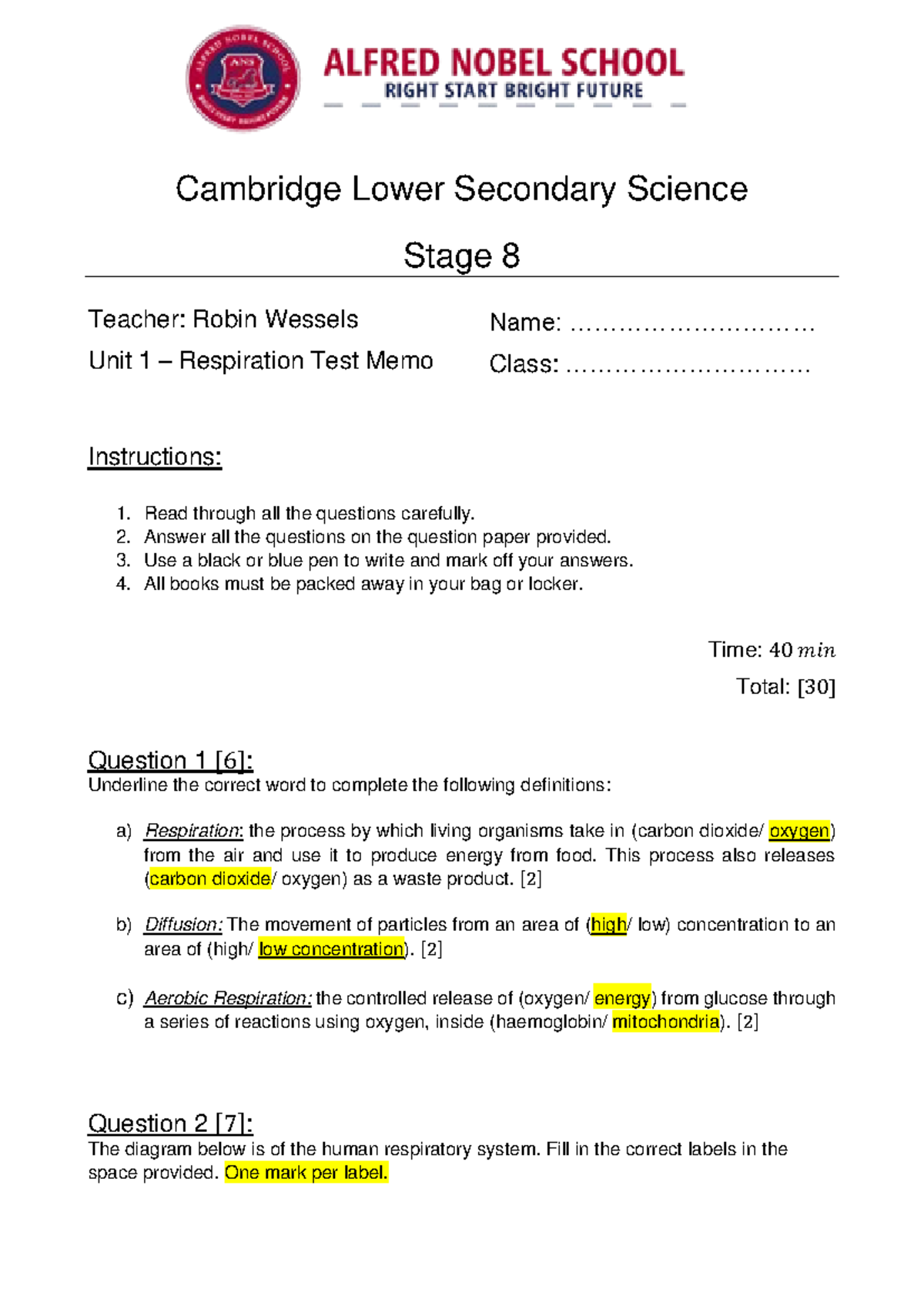 End of Chapter 1 - Respiration Test Memo - Cambridge Lower Secondary ...